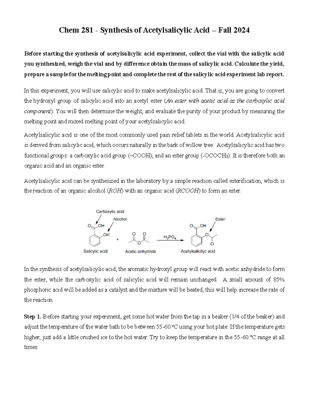 Chem 281 - ASA Synthesis - Chem 28 1 - Synthesis of Acetylsalicylic Acid – Fall 202 4 Before ...