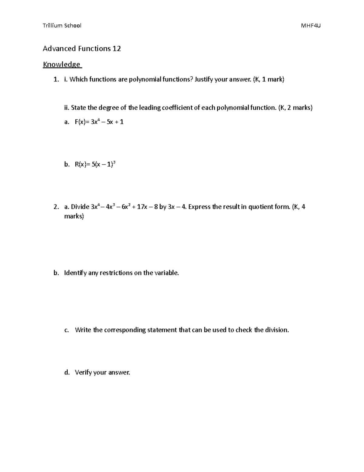 Advanced Functions 12 Unit 1 Assignment Sept 2023 - Advanced Functions ...