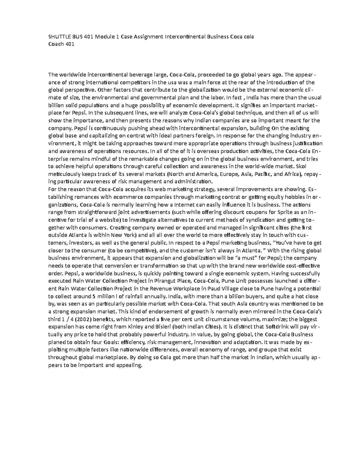 BUS 401 Module 1 Case Assignment International Business Coca cola1 ...