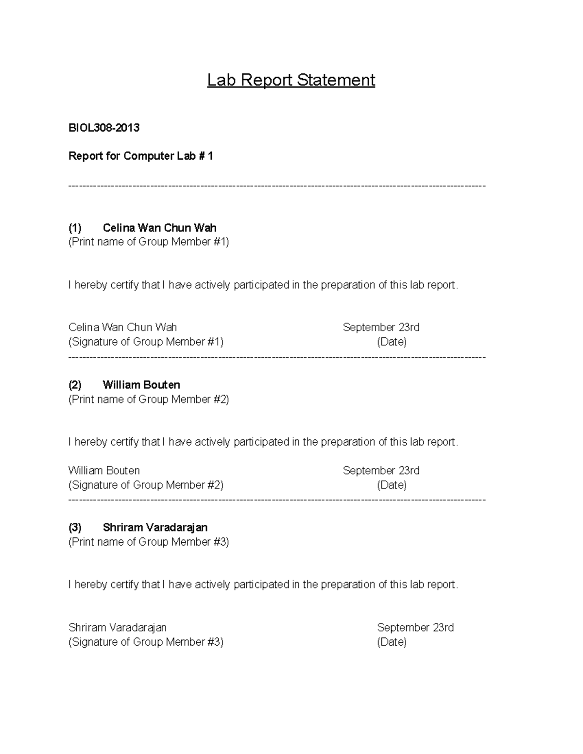 Practical - Computer Lab 1 Final - Lab Report Statement BIOL308­ Report ...