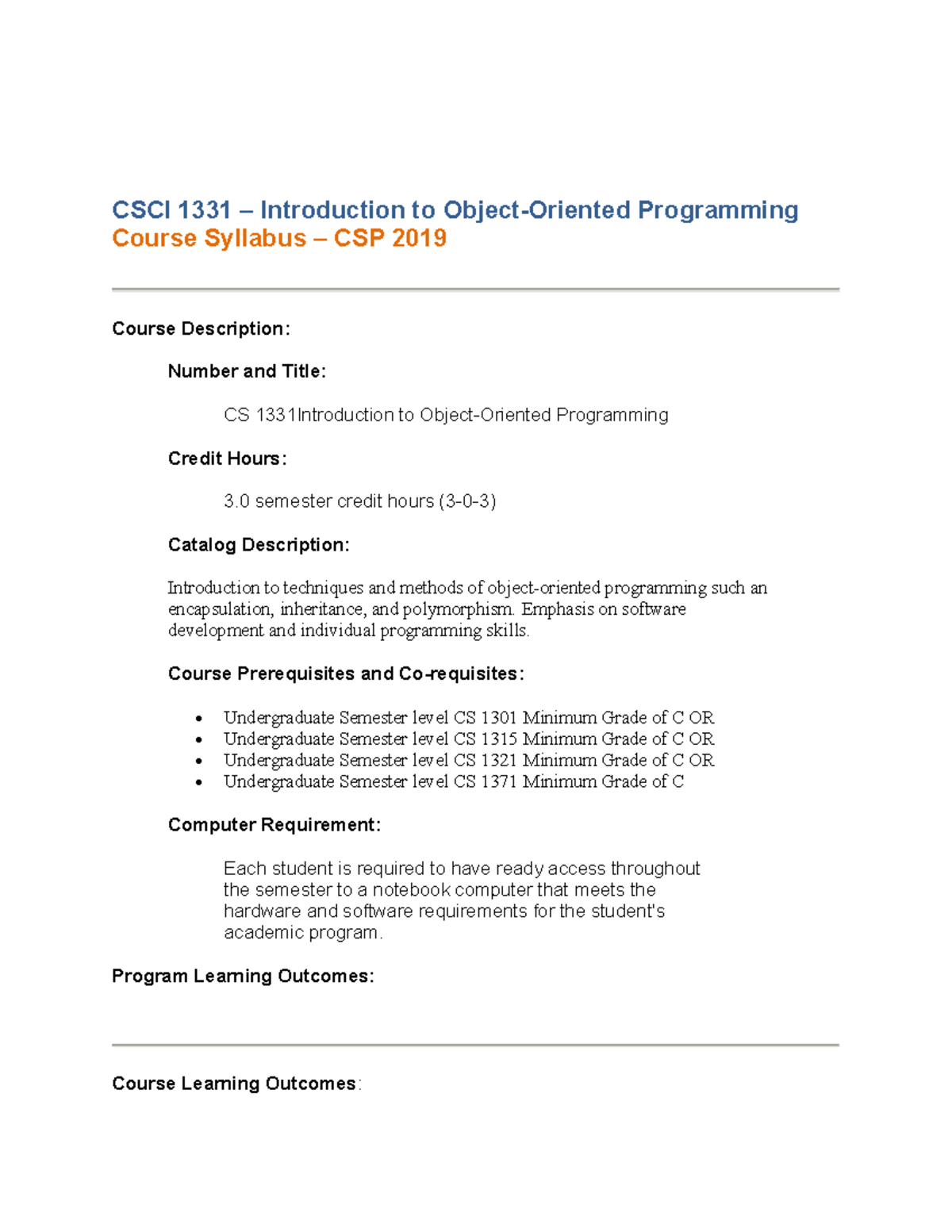 Cs 1331 syllabus Fall 2015 - CS 1331 - Georgia Tech - Studocu