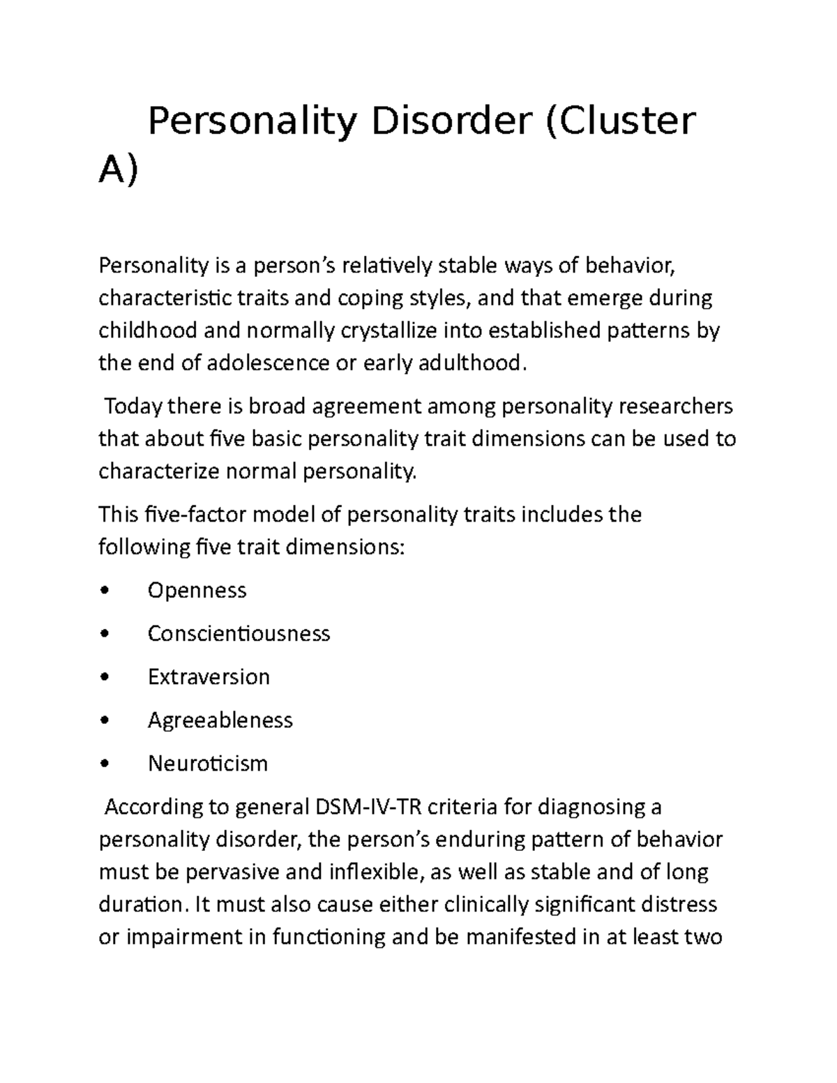 Personality Disorder (cluster A) abnormal psychology - Personality ...