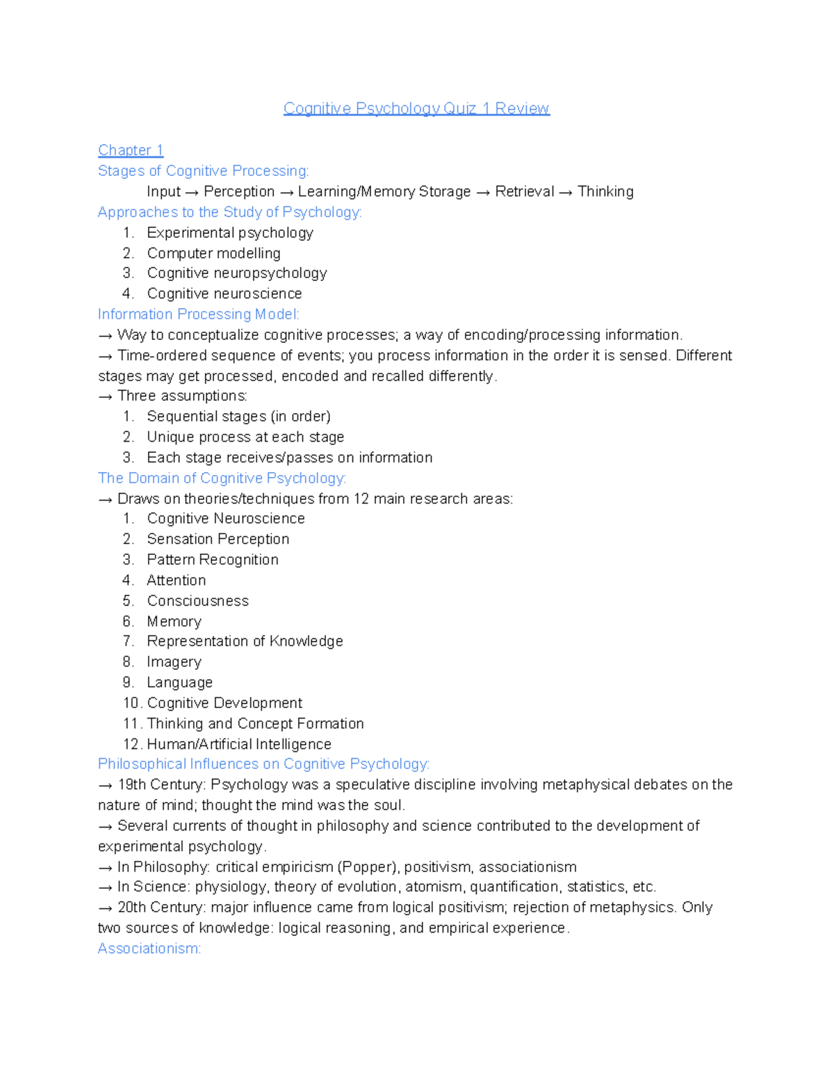 Cognitive Summary for Quiz 1 - Cognitive Psychology Quiz 1 Review ...