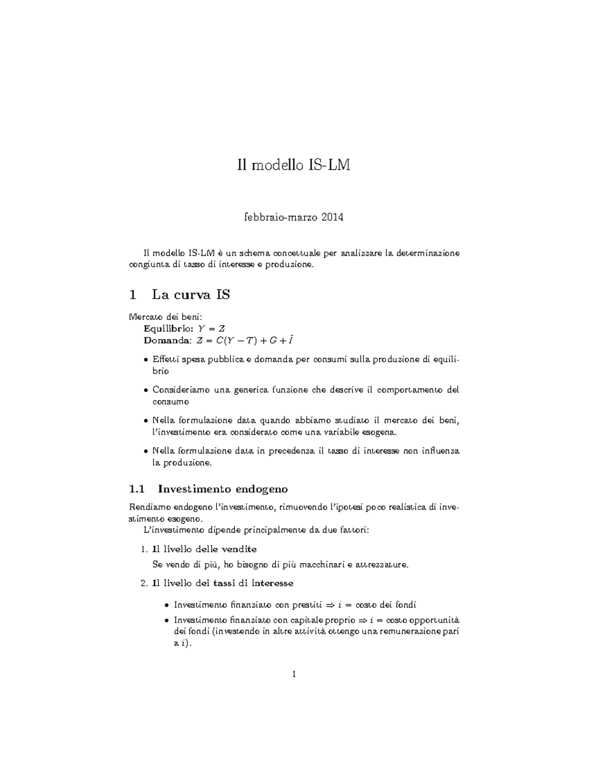 4. Il modello IS-LM - Appunti 4 - Il modello IS-LM febbraio-marzo 2014 ...