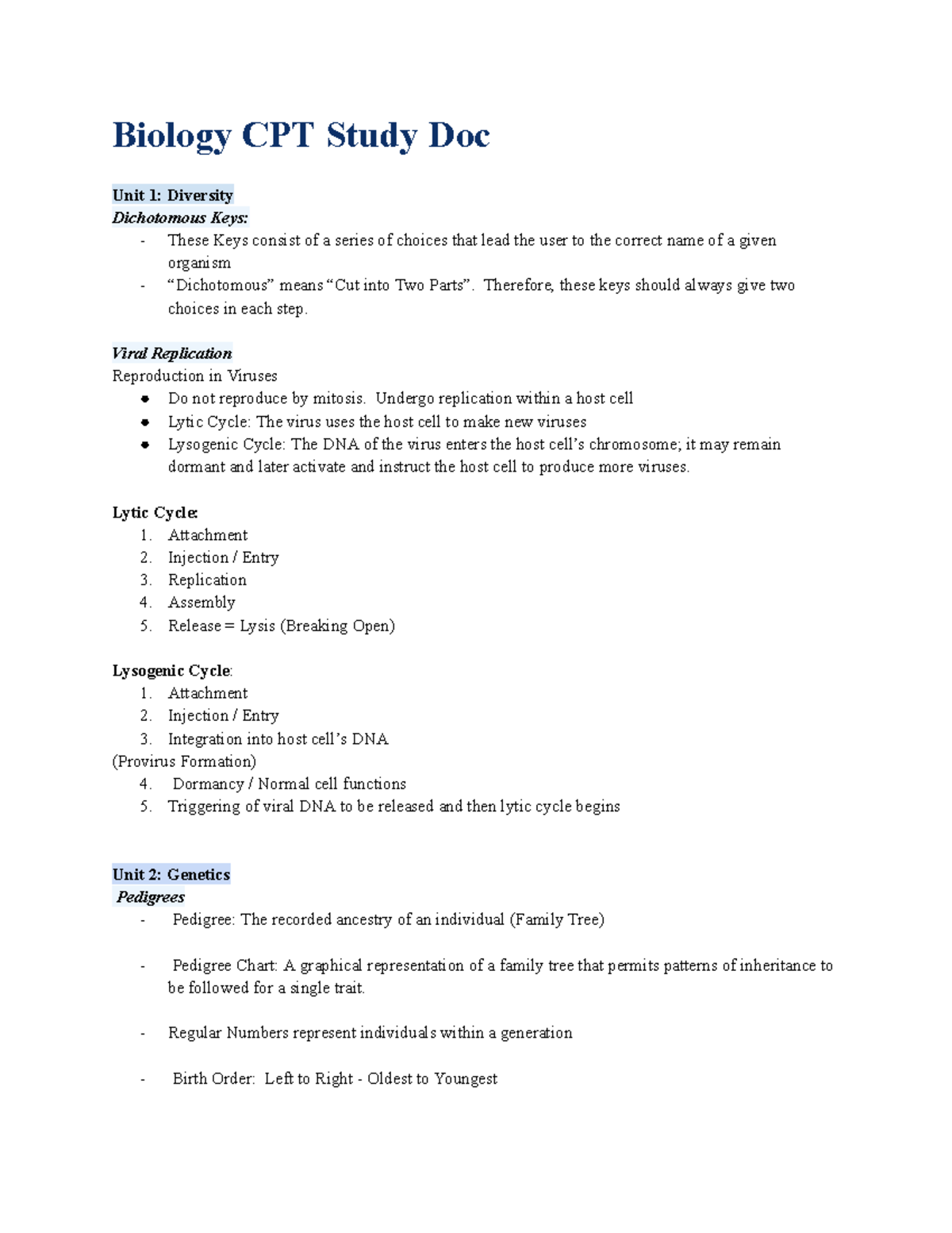 Biology CPT Study Doc - notes - Biology CPT Study Doc Unit 1: Diversity ...