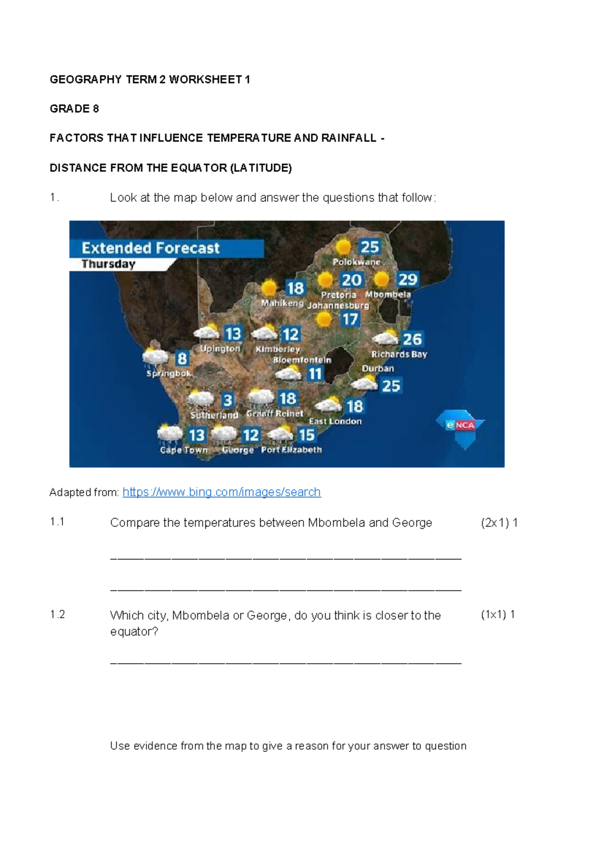 2024 Grade 8 Geography T2 Worksheets - GEOGRAPHY TERM 2 WORKSHEET 1 ...