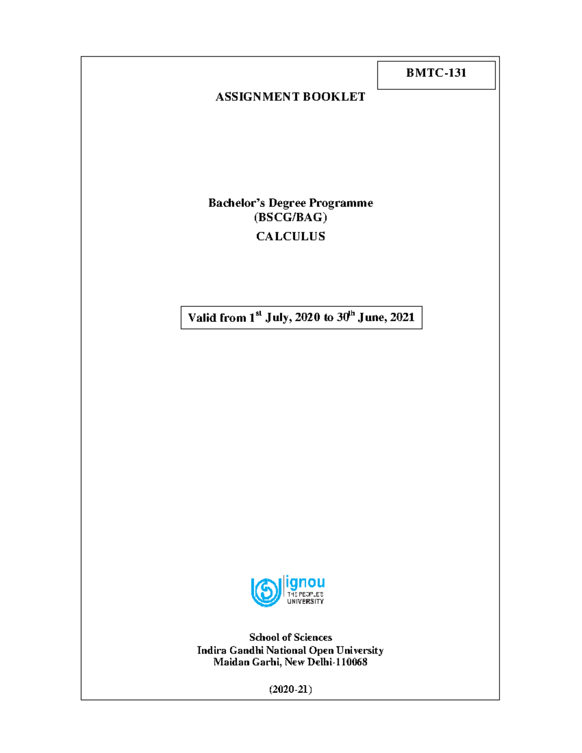 BMTC-131 Assignments 2020-21 (English) - ASSIGNMENT BOOKLET Bachelor’s ...