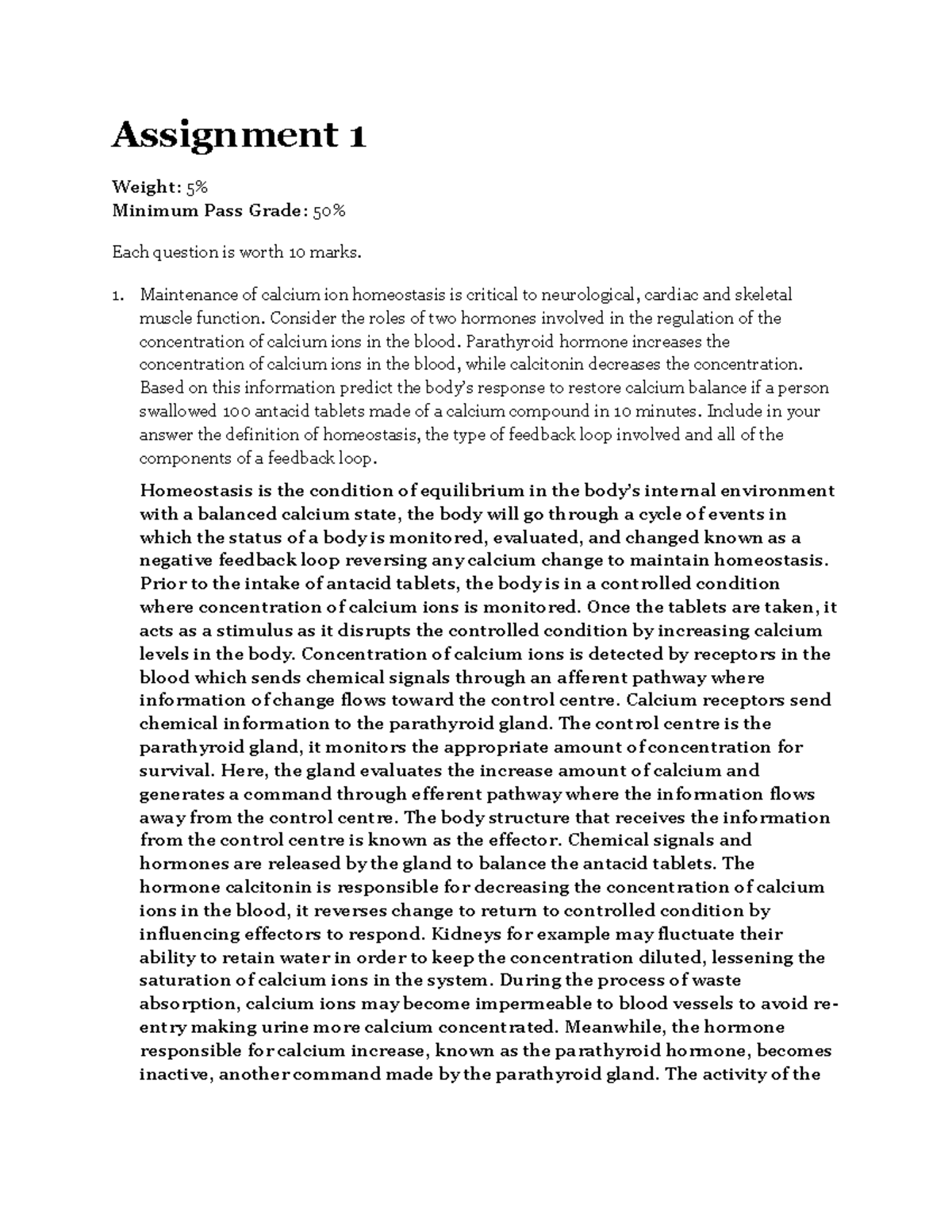 Assignment 1 - Maintenance of calcium ion homeostasis is critical to ...
