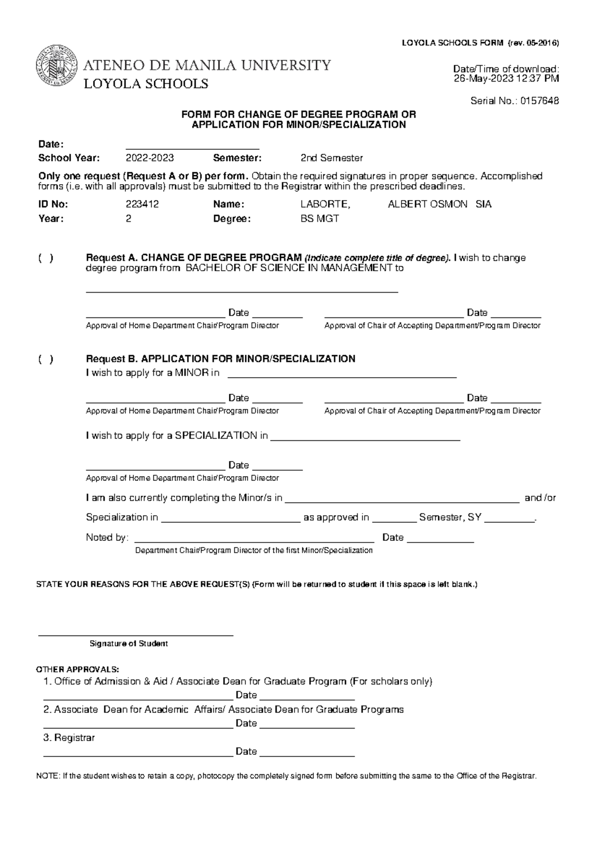 Change Degree Form-223412-2-2022 - STATE YOUR REASONS FOR THE ABOVE ...