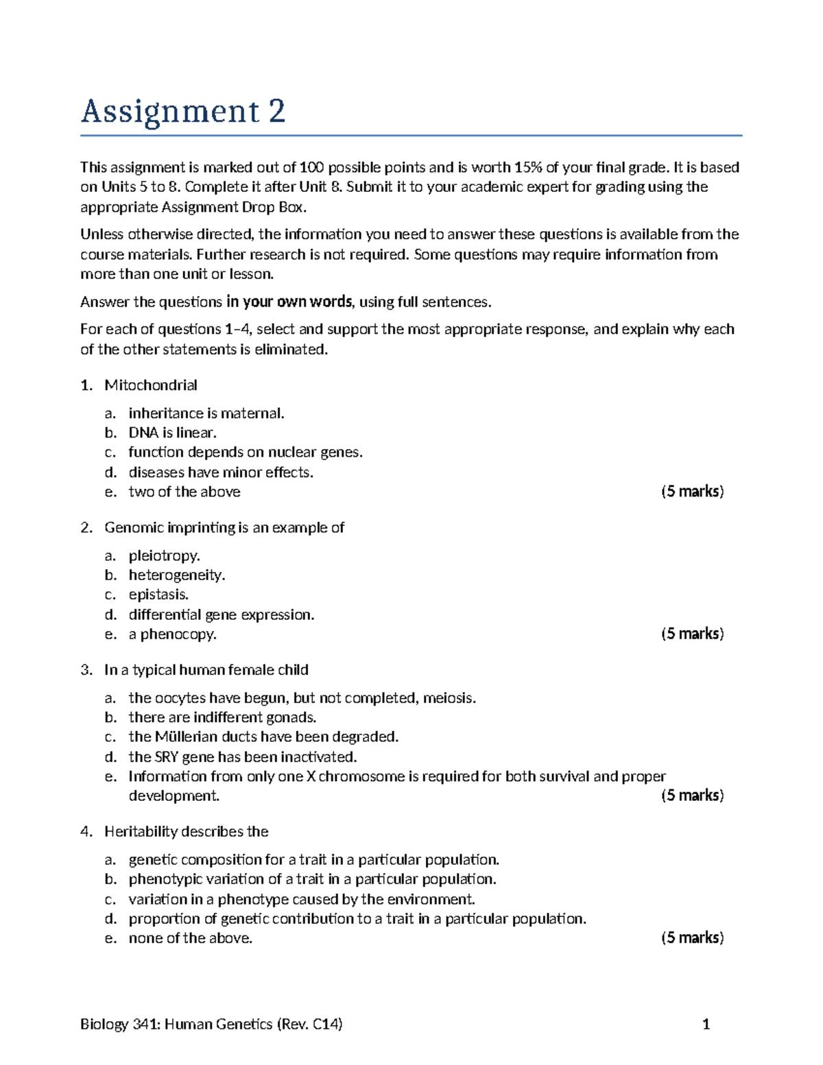 Assignment 2 Asignment 2 Assignment 2 This Assignment Is Marked Out Of 100 Possible Points
