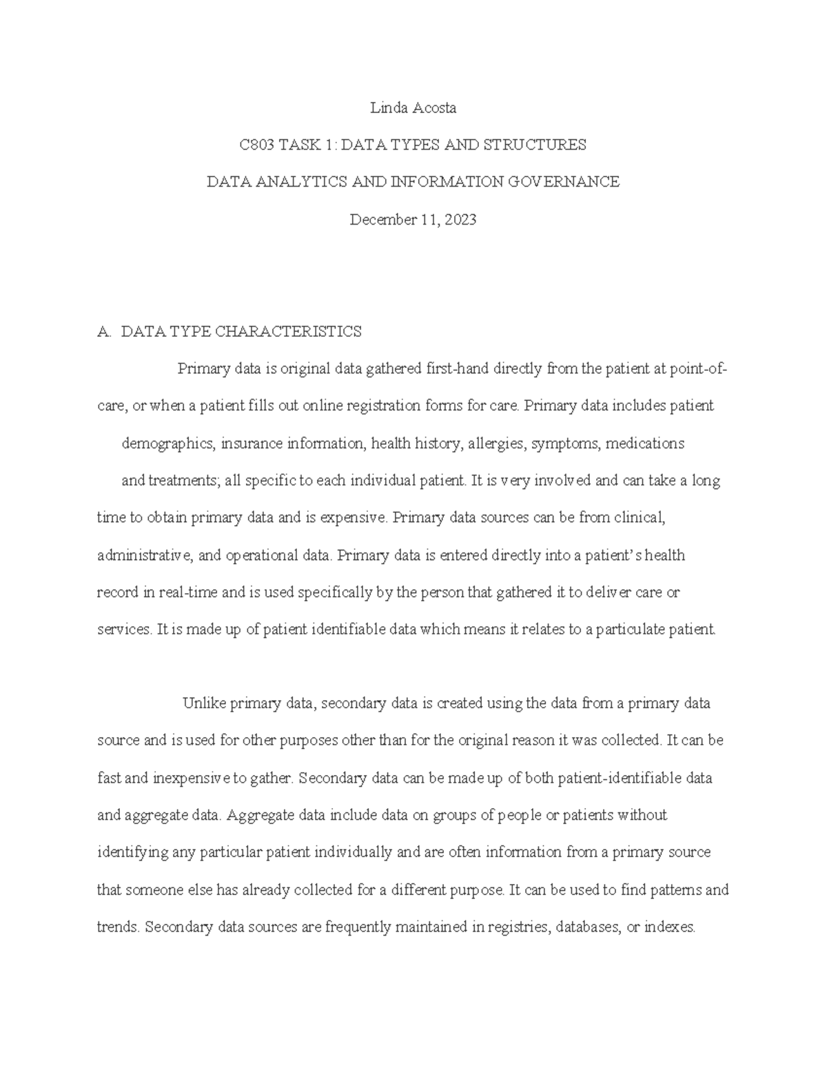 C803 Task 1 - Health Information Management - Linda Acosta C803 TASK 1 ...