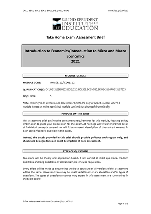 IMME5112 T2a THT S2 - Past paper - MODULE NAME: MODULE CODE: Introduction to Micro and Macro ...