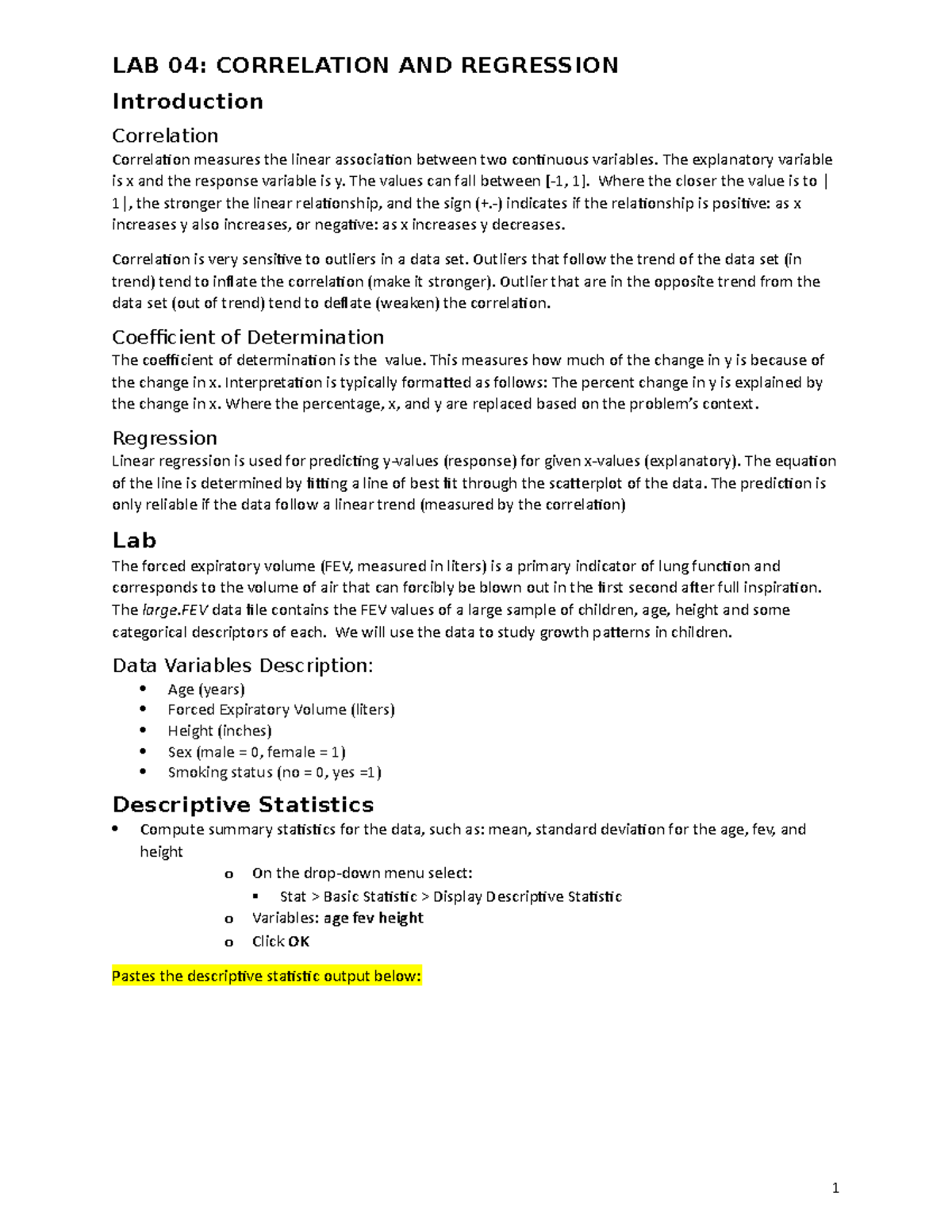 Lab 4 Manual In Class Lab 04 Correlation And Regression Introduction Correlation Correlation