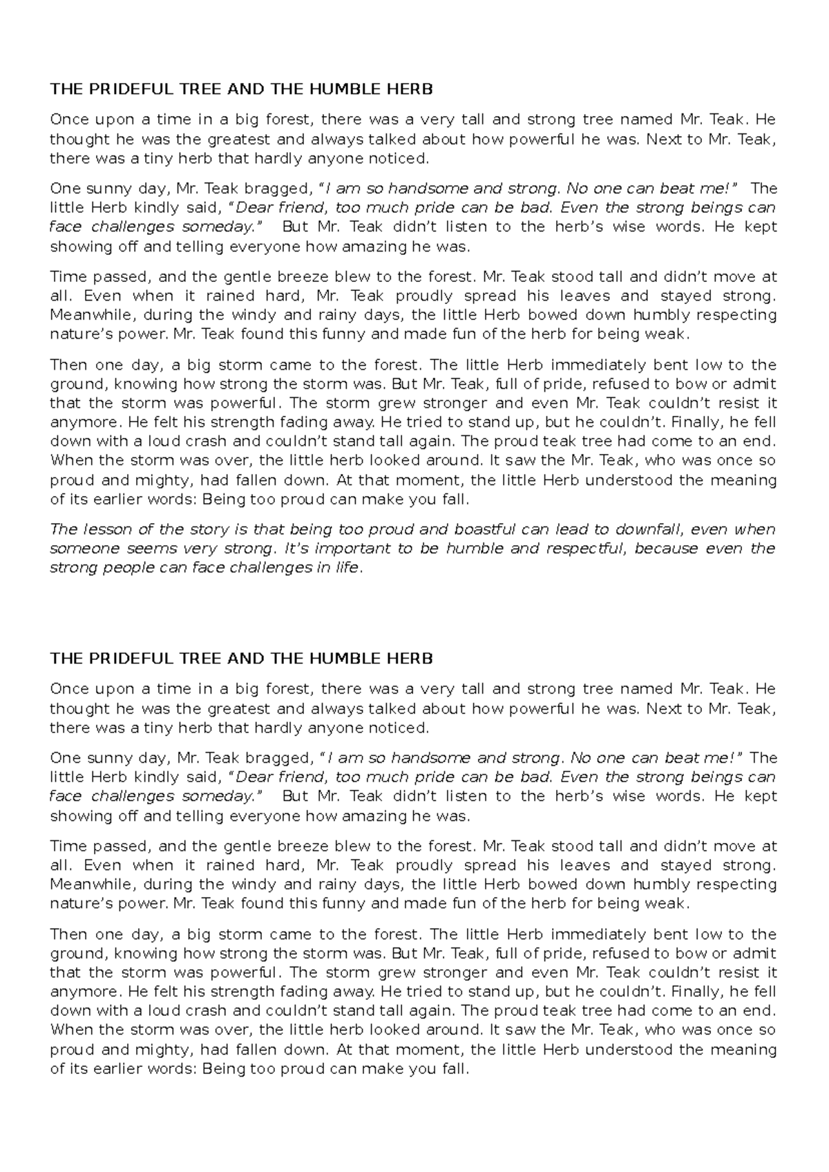 THE Prideful TREE AND THE Humble HERB - THE PRIDEFUL TREE AND THE ...