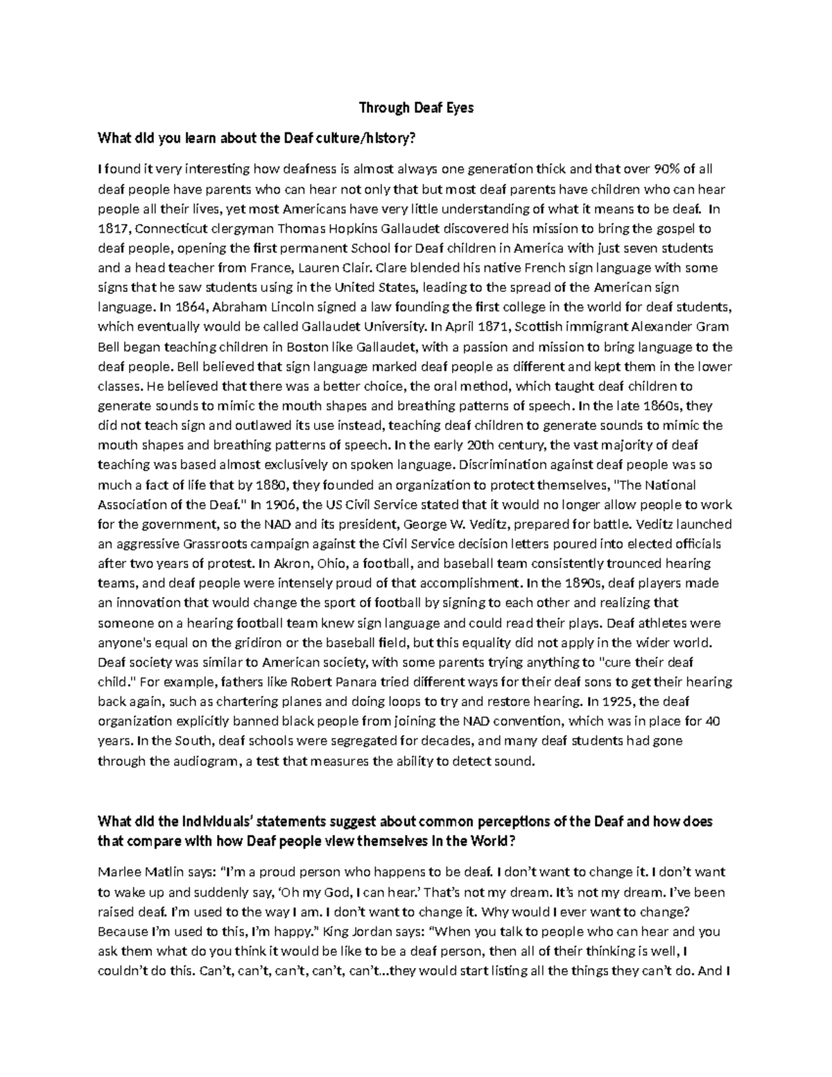 Through Deaf Eyes (Writitng Essay 1)( 2 - Through Deaf Eyes What did ...