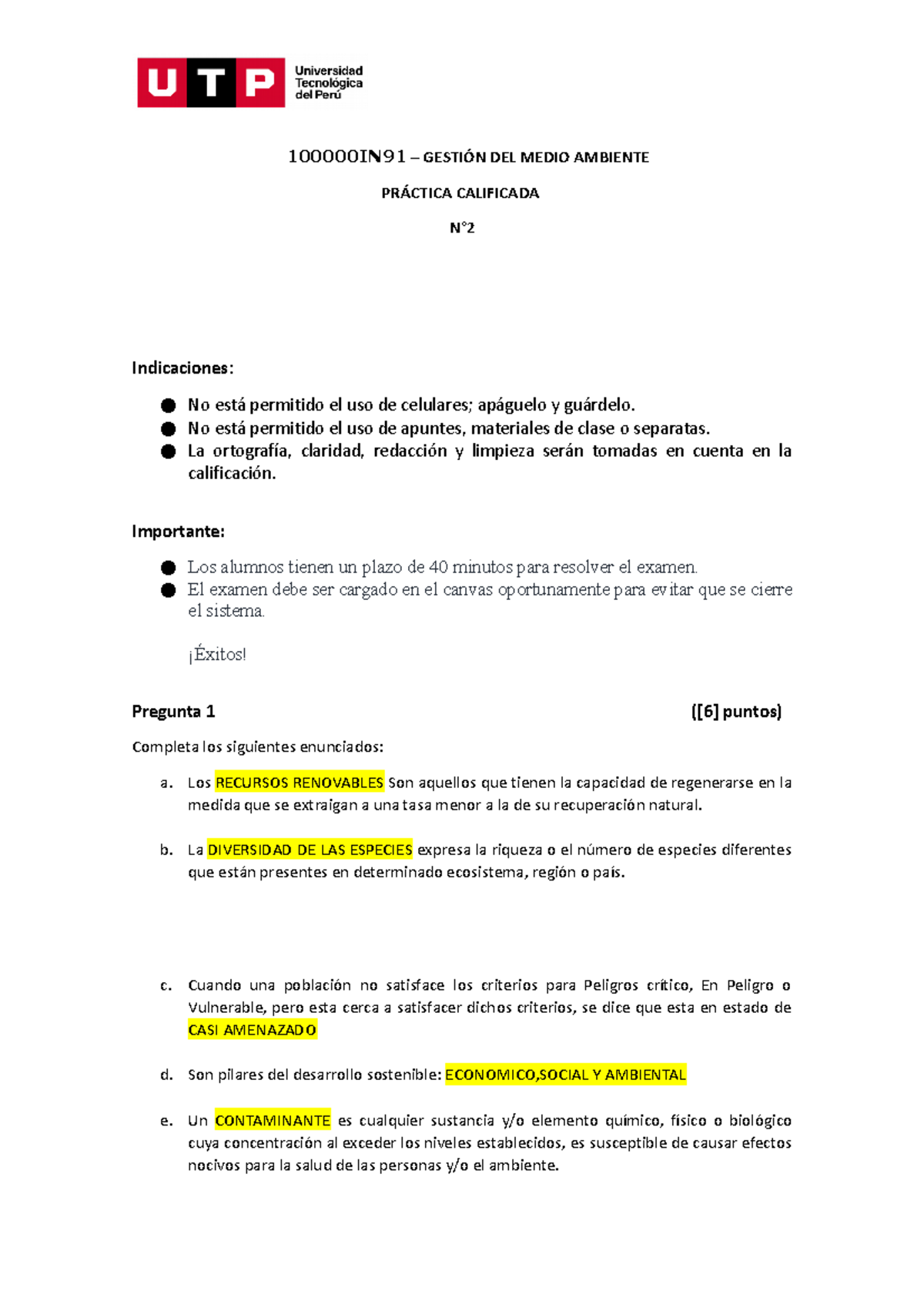 PC2 - vvv - 100000IN91 – GESTIÓN DEL MEDIO AMBIENTE PRÁCTICA CALIFICADA N° Indicaciones: No está ...