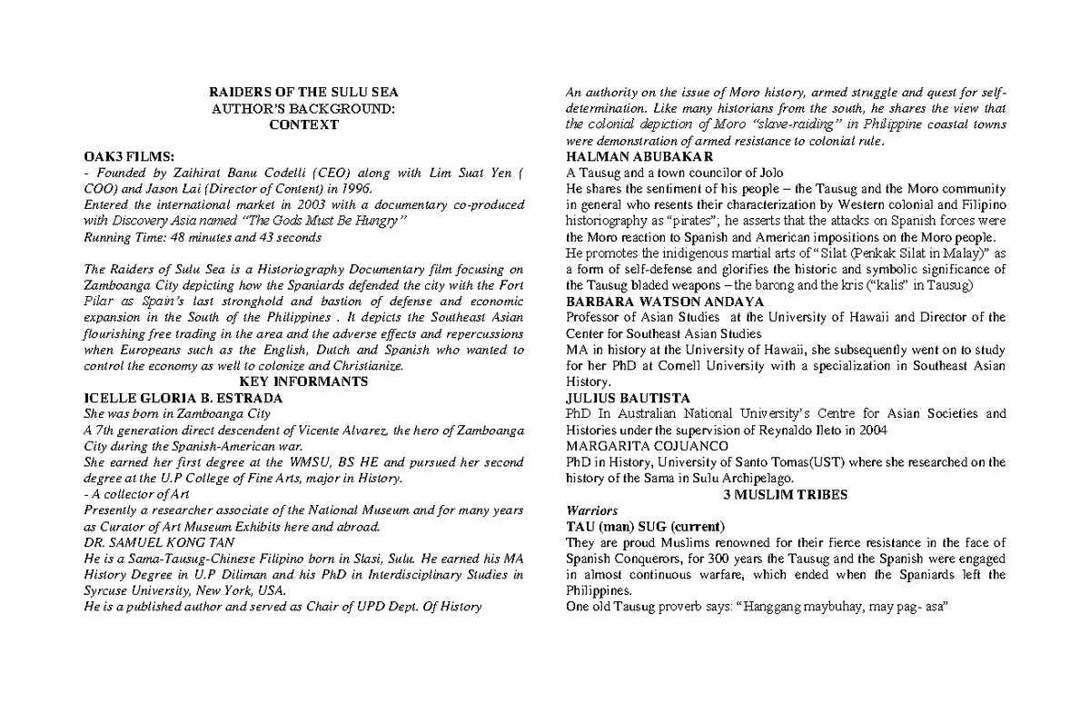 Pdfcoffee - ehhe - RAIDERS OF THE SULU SEA AUTHOR’S BACKGROUND: CONTEXT ...