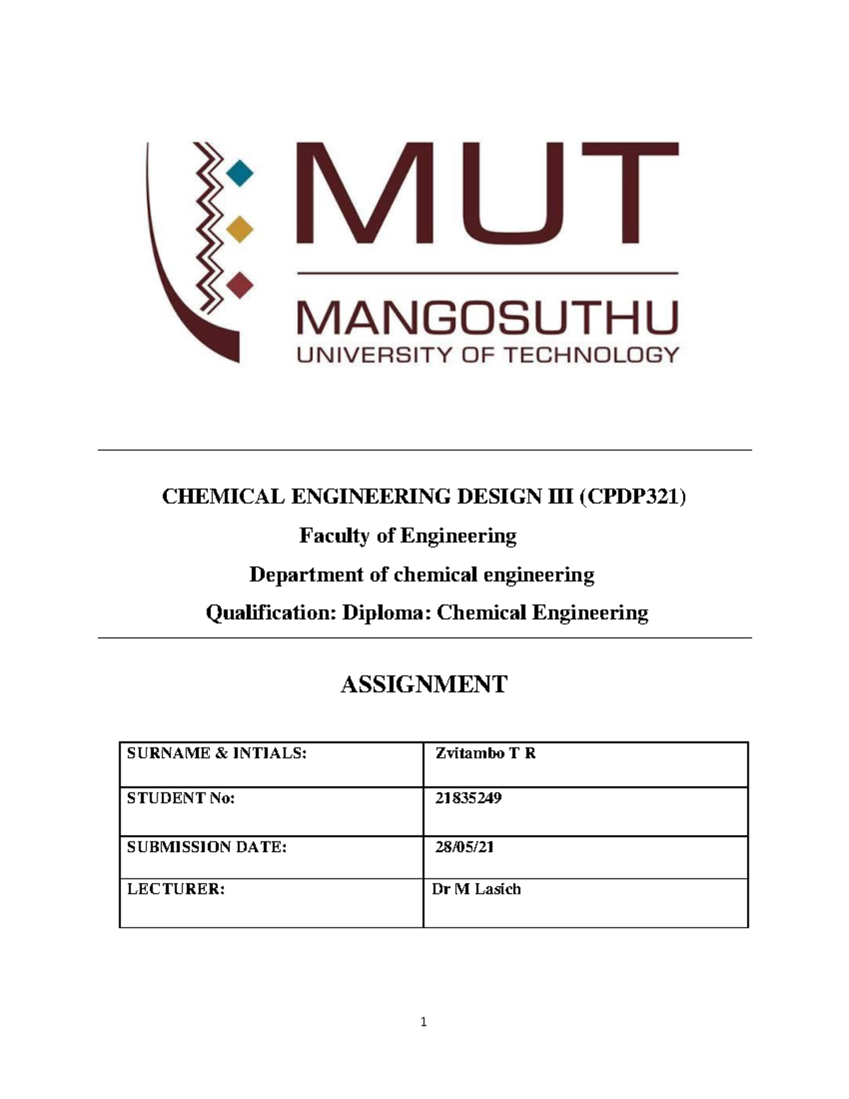Chemical Engineering Design III - CHEMICAL ENGINEERING DESIGN III ...