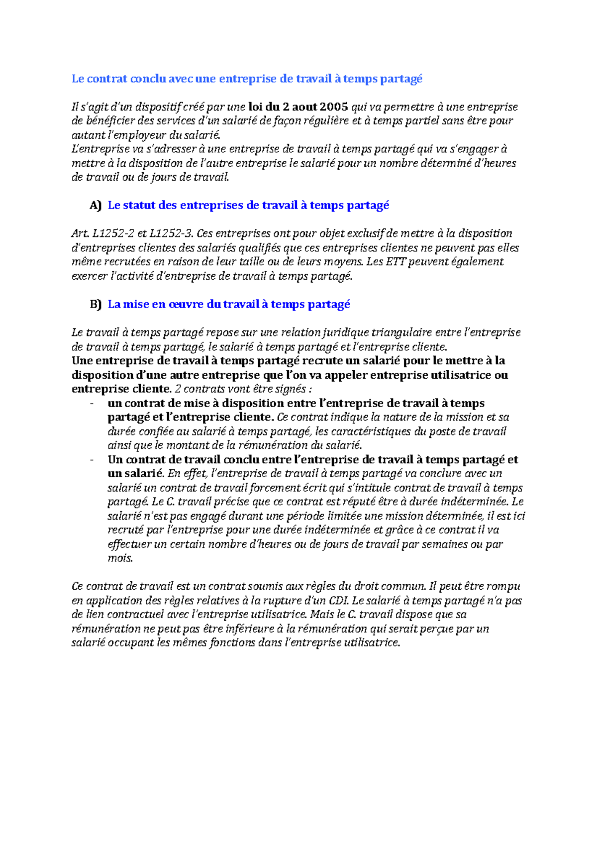 Le contrat conclu avec une entreprise de travail à temps partagé - L ...