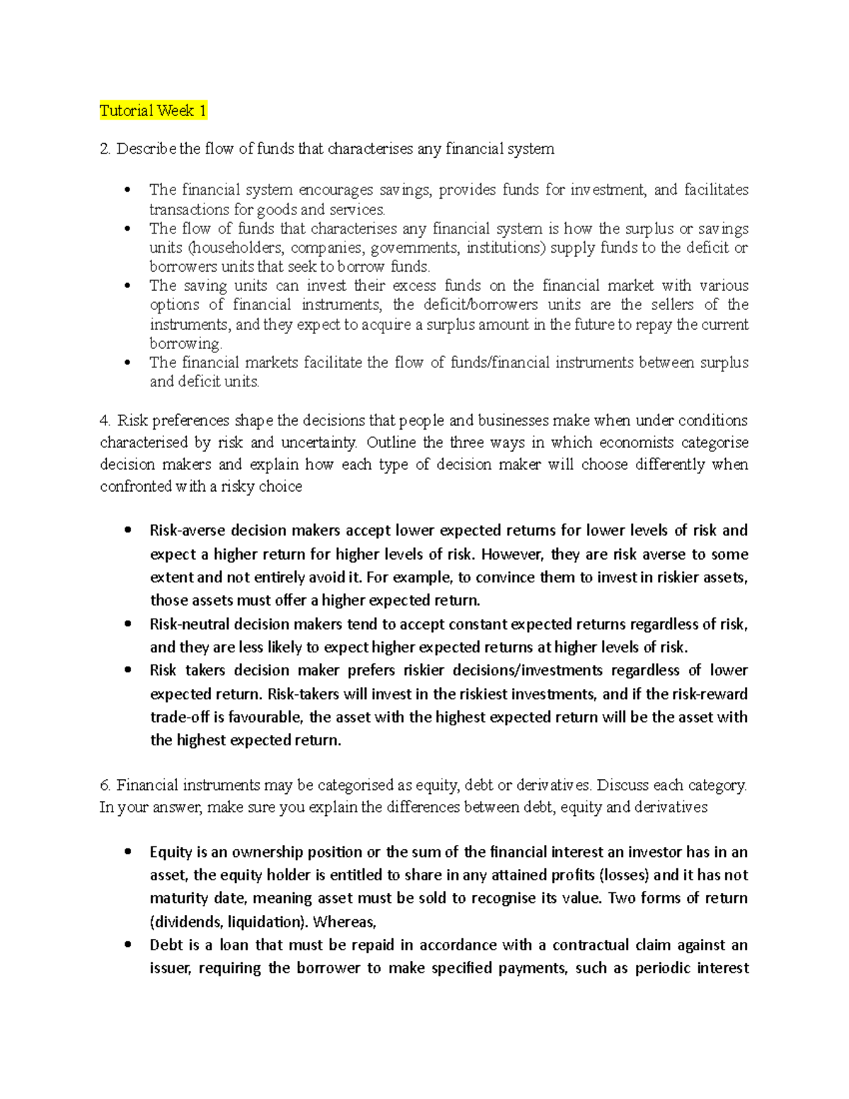 FINS2618 TUT - TUT combined from w1-w10 - Tutorial Week 1 Describe the flow of funds that - Studocu