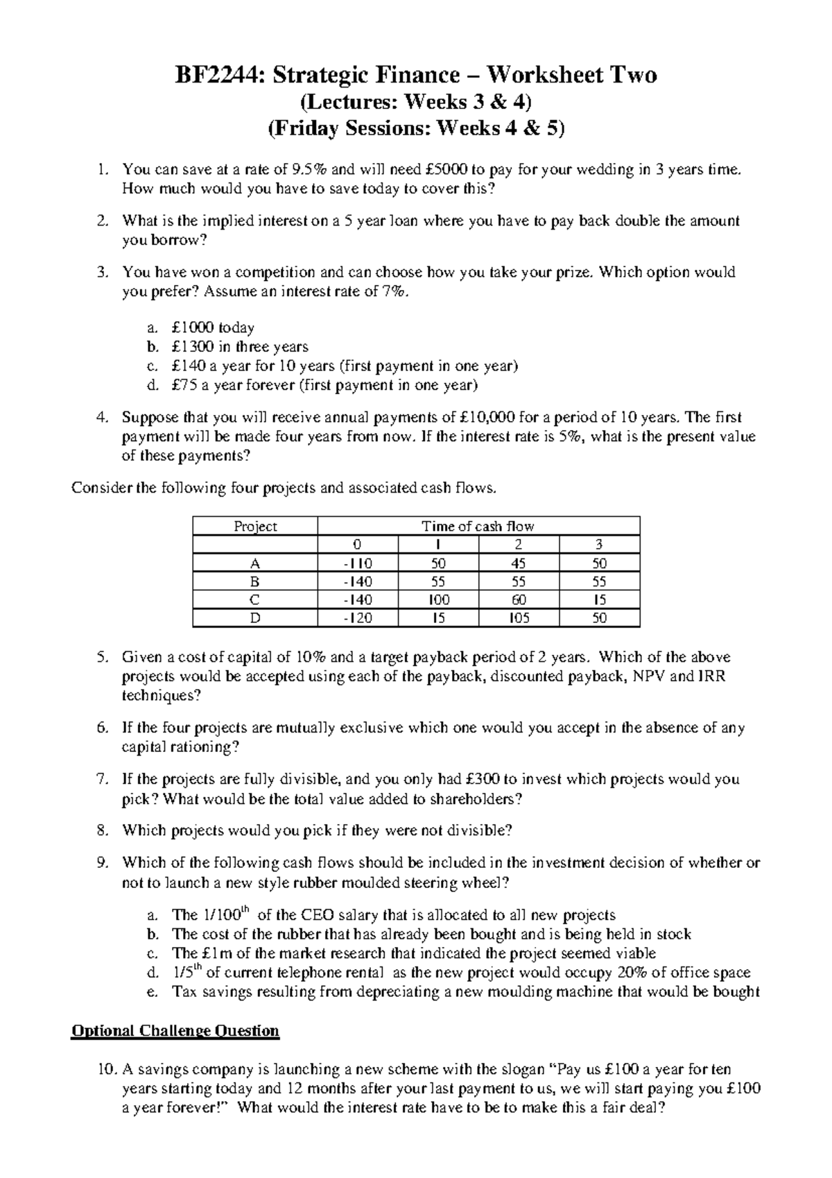 SF Tutorial Two - practice questions - BF2244: Strategic Finance ...