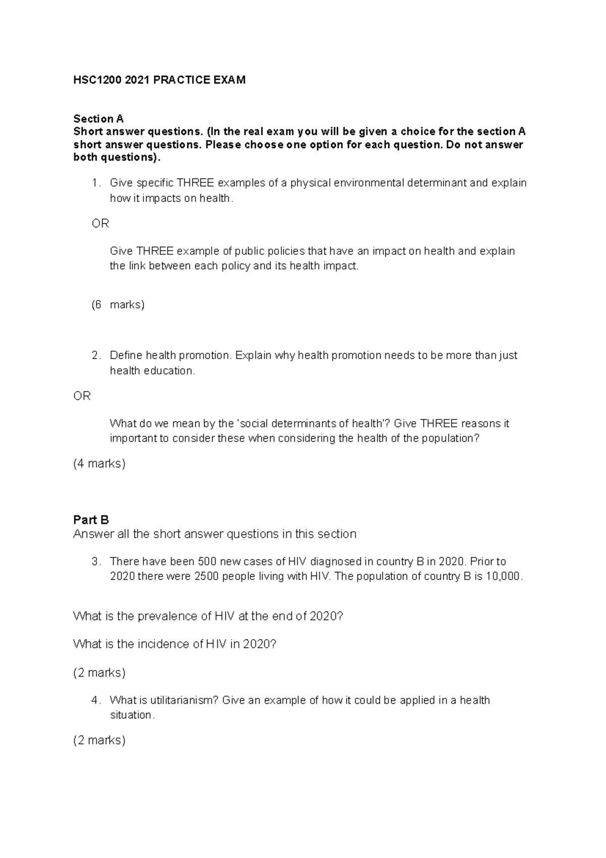 2021 Practice Exam - lecture - HSC1200 2021 PRACTICE EXAM Section A ...