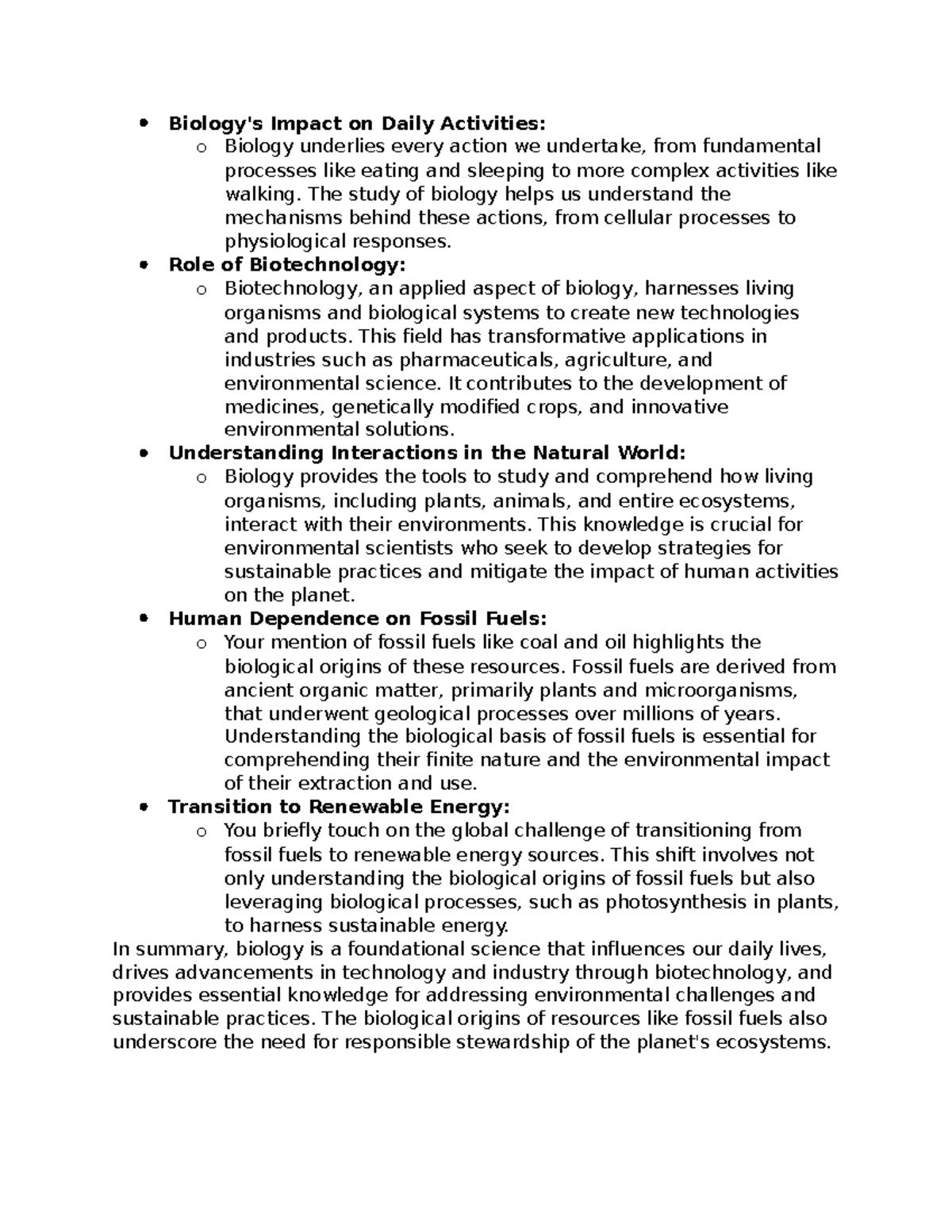 BIO 00 - BIO NOTES - Biology's Impact on Daily Activities: o Biology ...