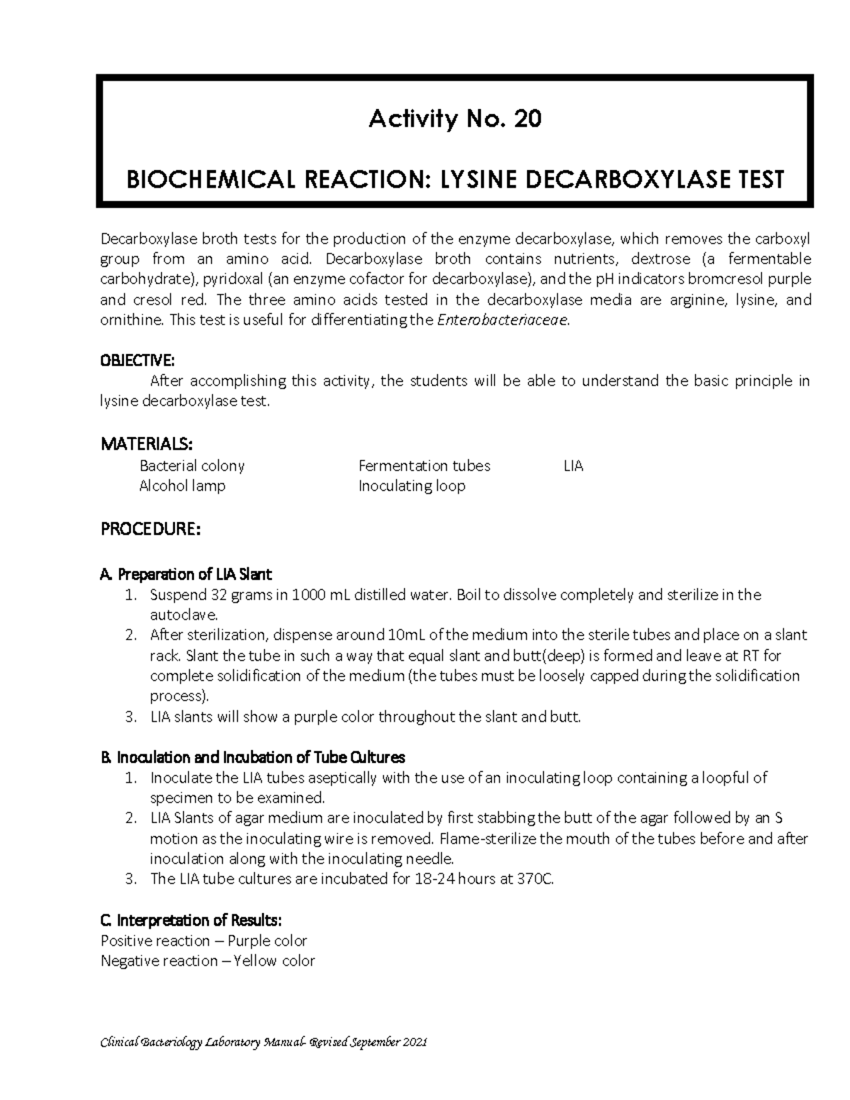 Lysine Decarboxylase Test Reaction