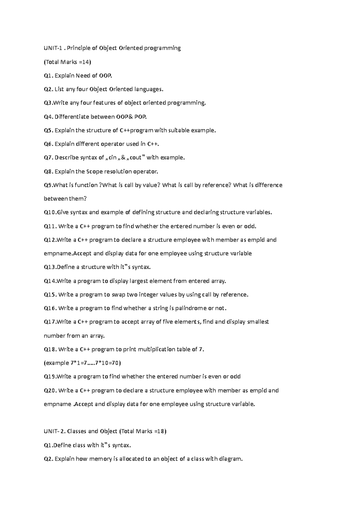 Oop Question Bank Unit 1 Principle Of Object Oriented Programming Total Marks 14 Q1