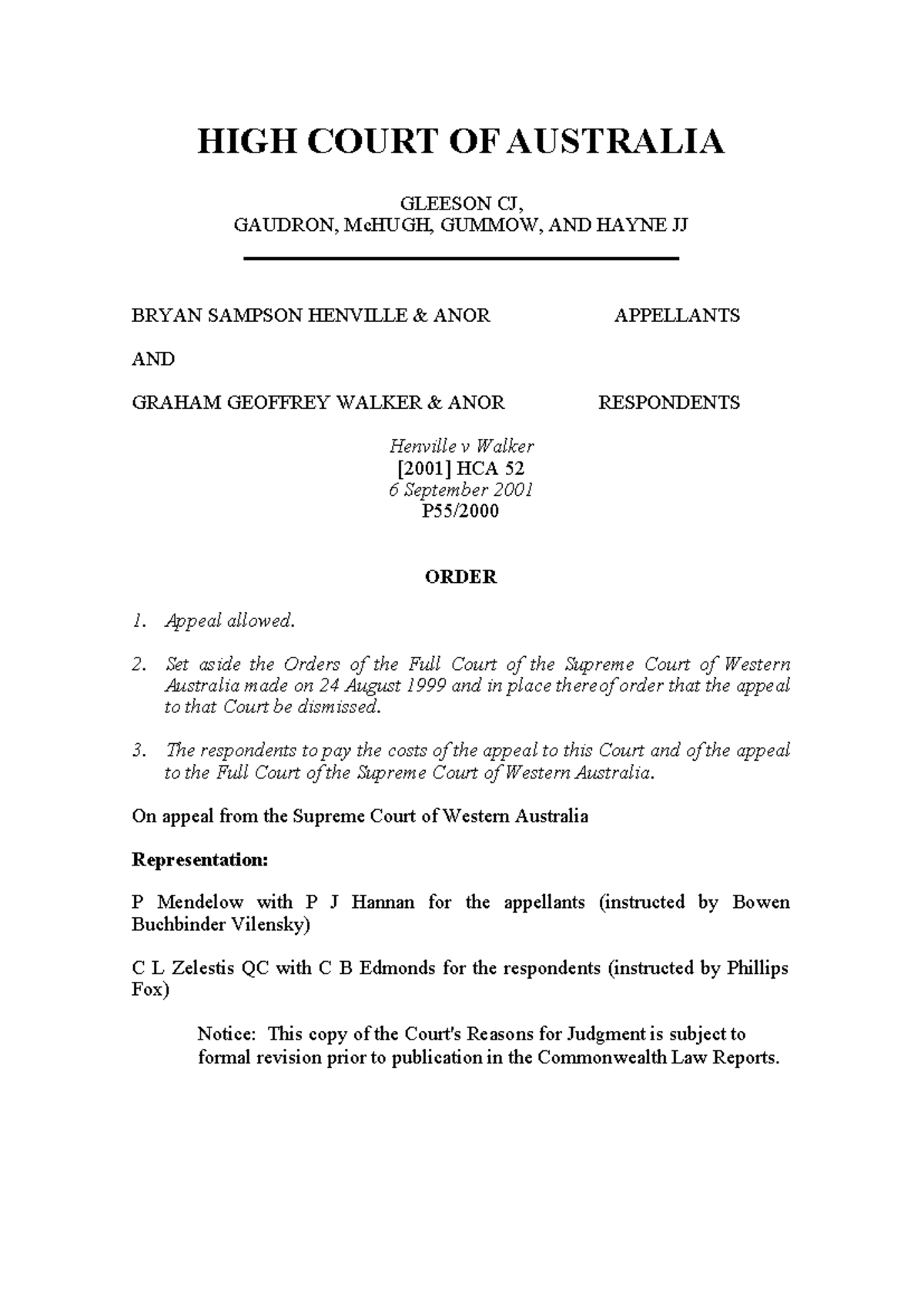 Henville v Walker (P55-2000 ) [2001 ] HCA 52 - HIGH COURT OF AUSTRALIA ...