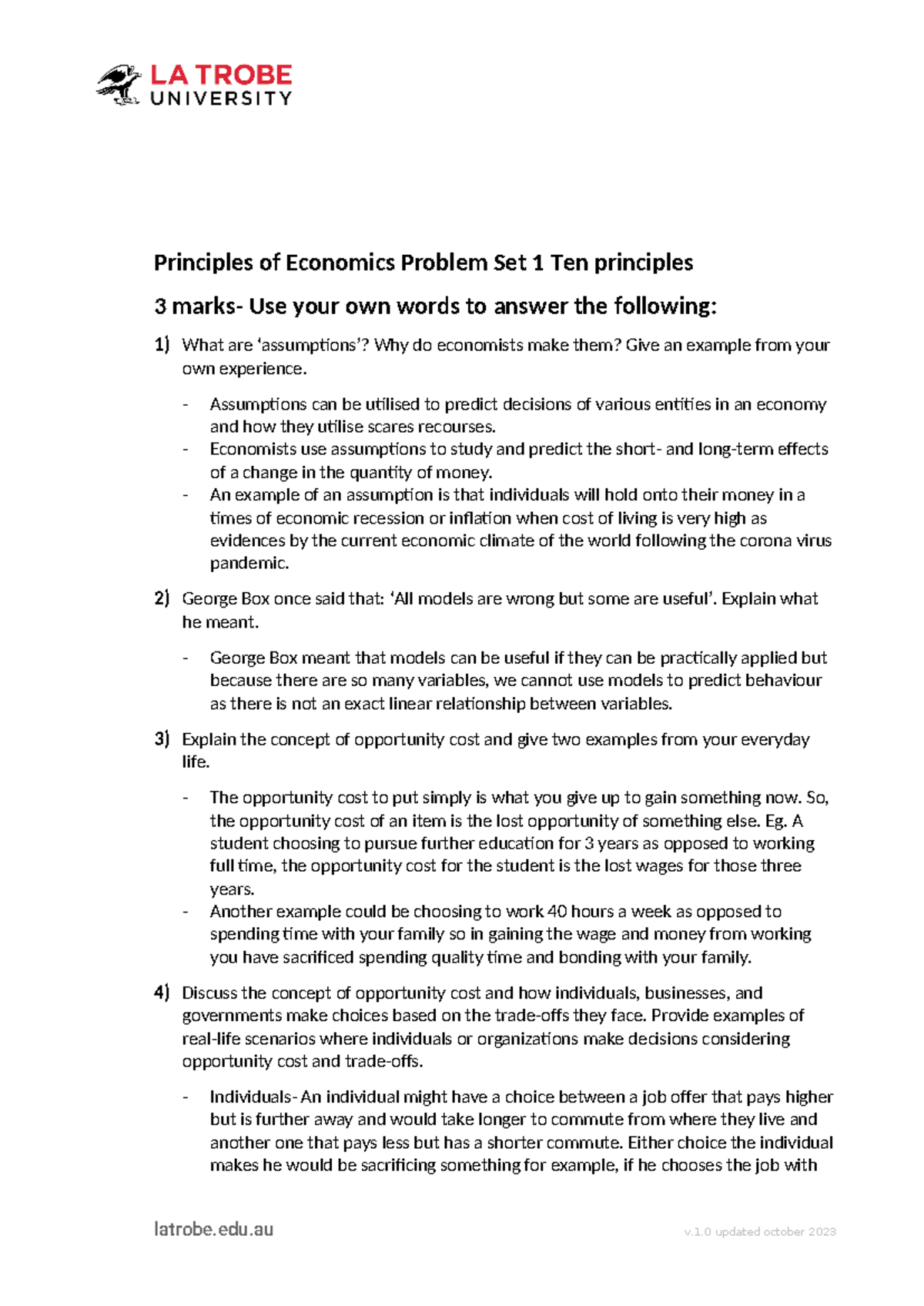 Problem set 1 Principles - Principles of Economics Problem Set 1 Ten principles 3 marks- Use ...