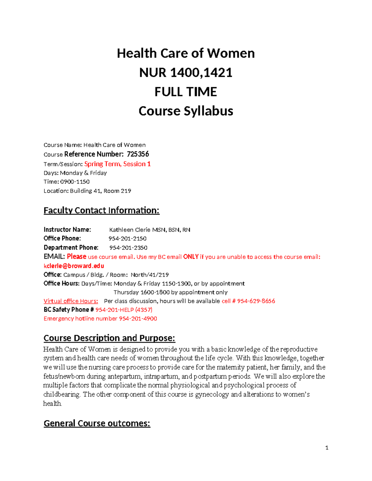 OB Syllabus Jan. 2024 FULL time Theory - Health Care of Women NUR 1400 ...