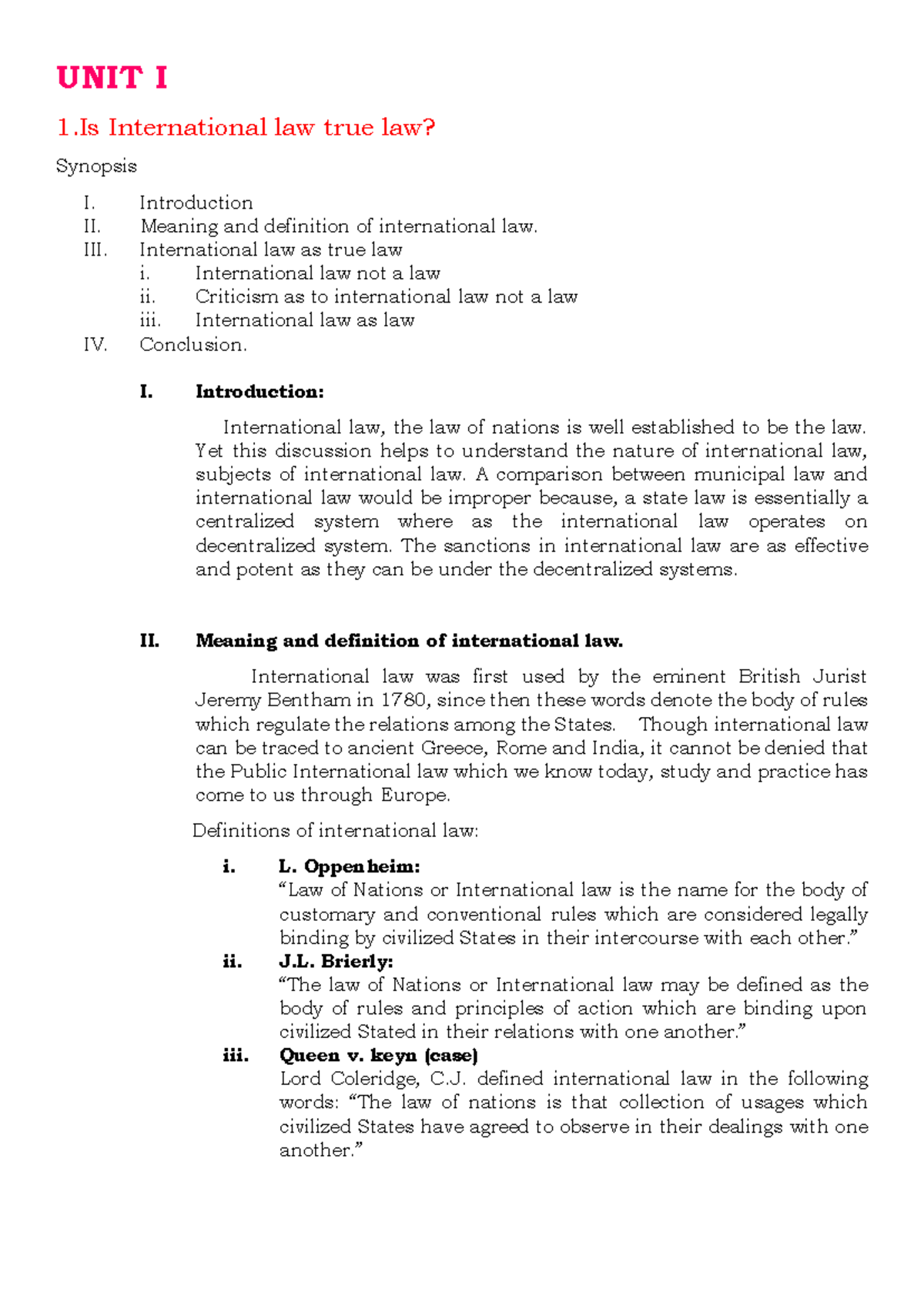 UNIT I of Public International Law - UNIT I 1 International law true ...