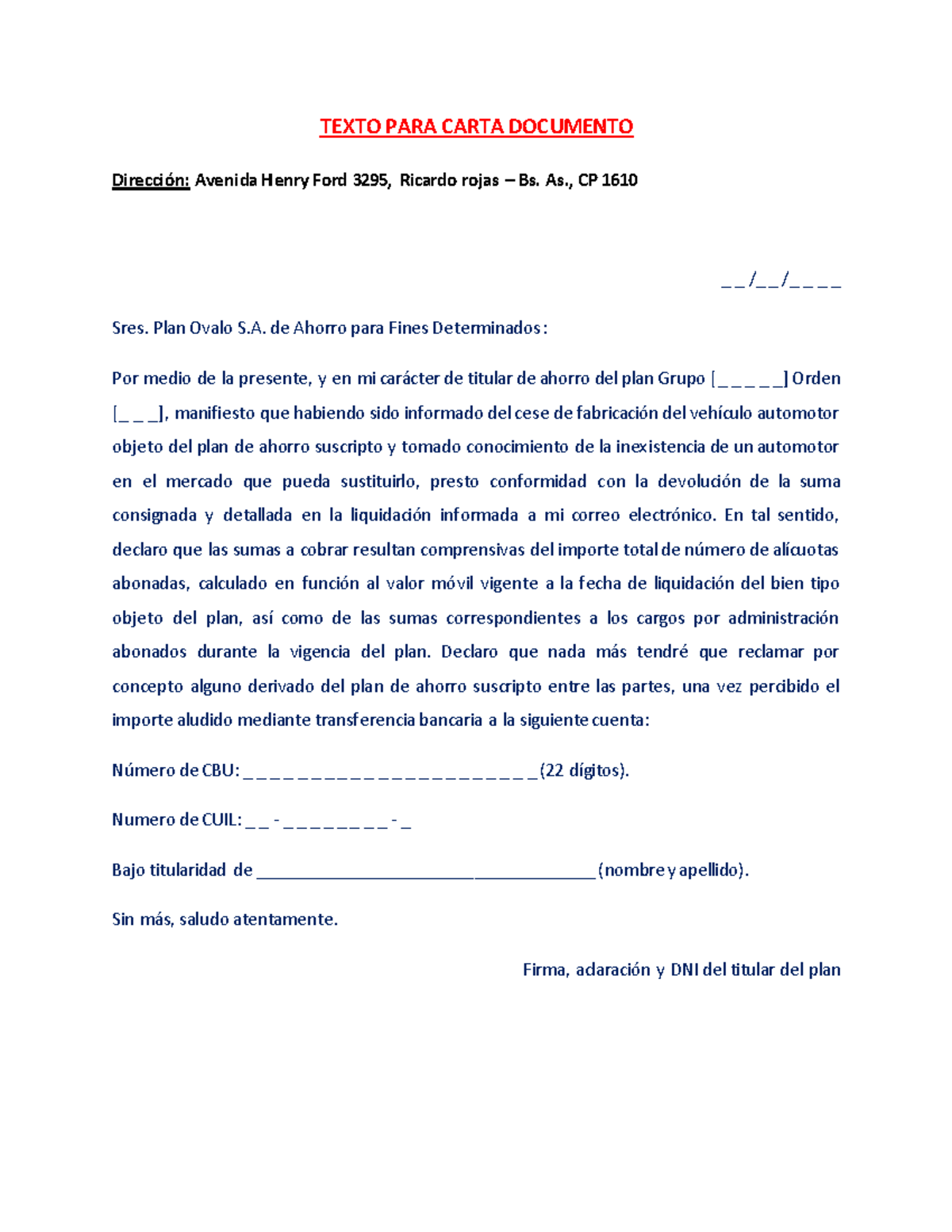 Modelo Carta Documento - TEXTO PARA CARTA DOCUMENTO DirecciÛn: Avenida ...