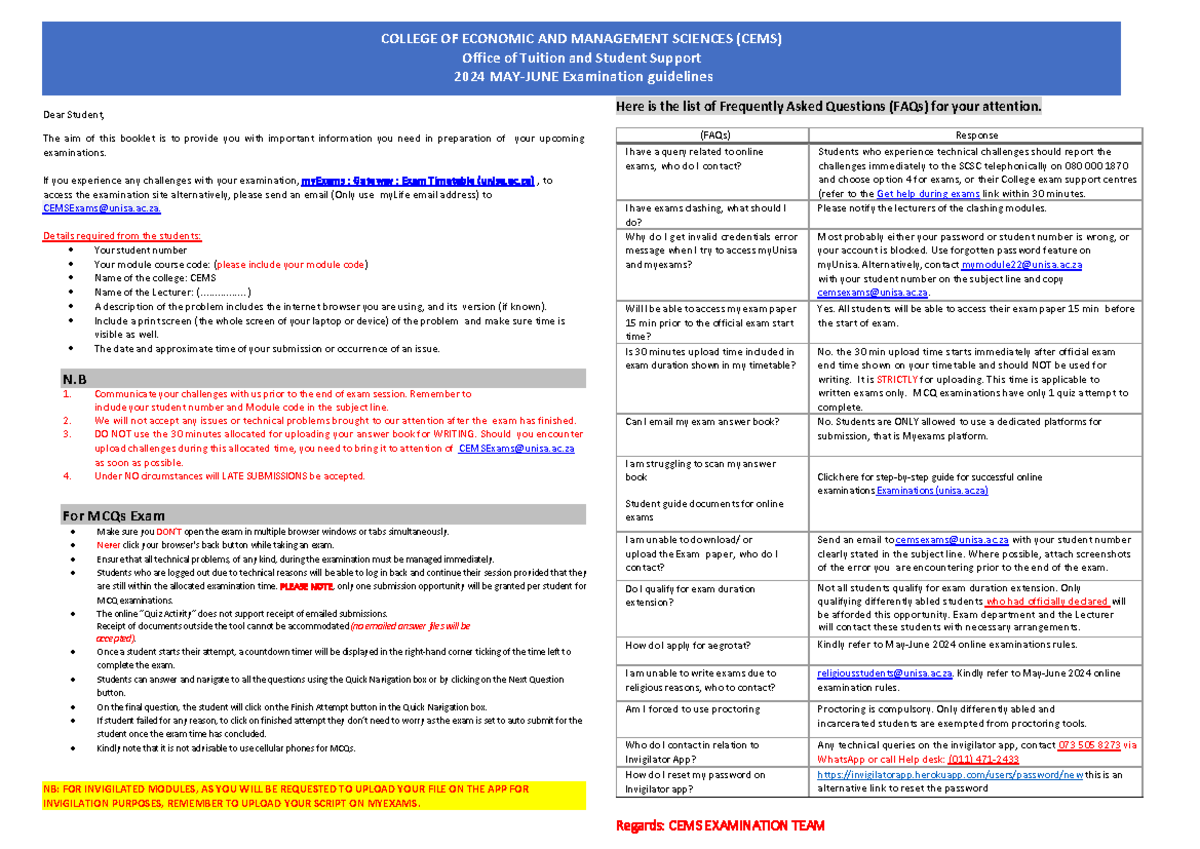 Exam Booklet May June 2024 - COLLEGE OF ECONOMIC AND MANAGEMENT ...