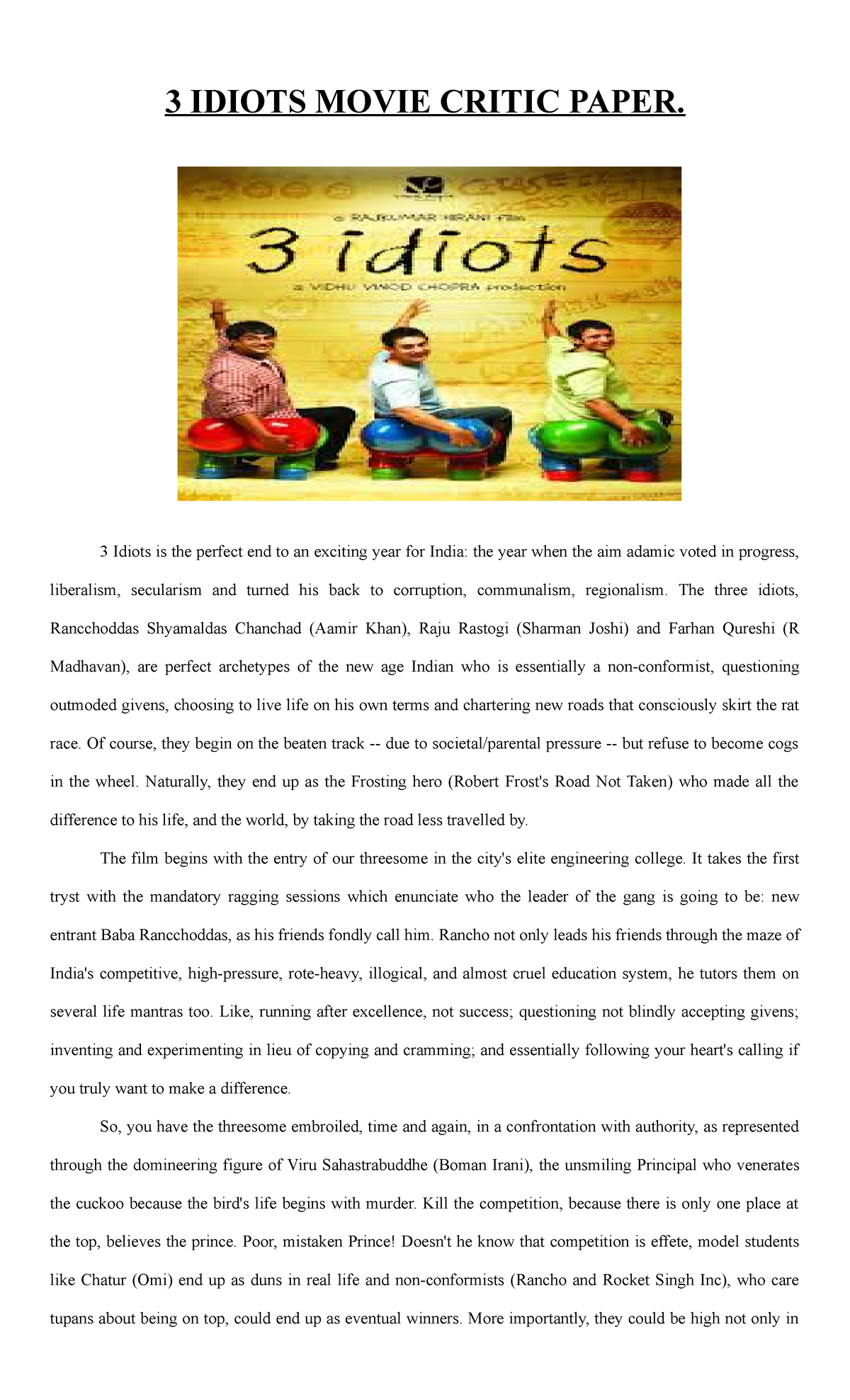 3 Idiots Movie Critic Paper Summary 3 IDIOTS MOVIE CRITIC PAPER 3