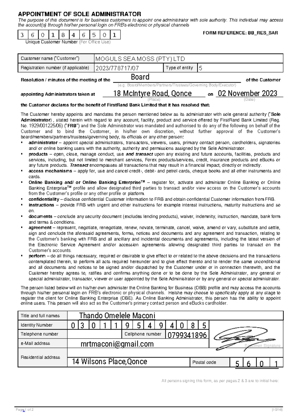 Sar mandate -36018465011 - Page 1 of 2 (10/16) APPOINTMENT OF SOLE ...