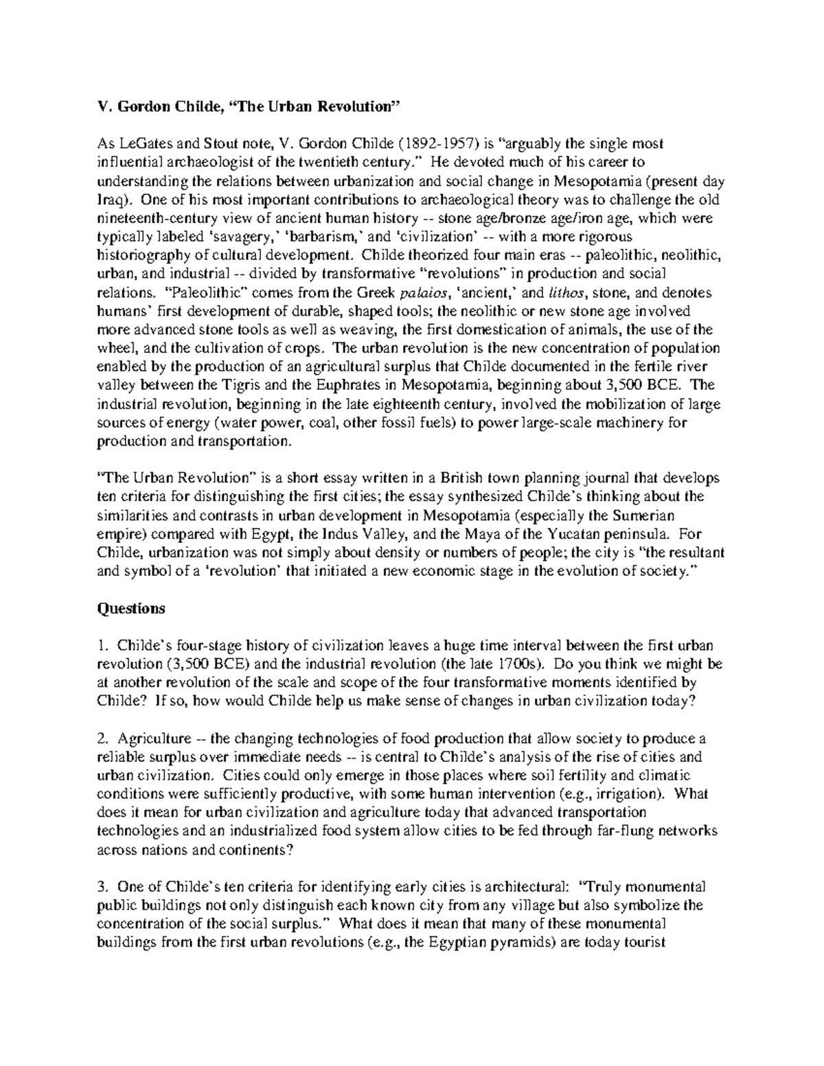 Childe - V. Gordon Childe, “The Urban Revolution” As LeGates and Stout ...