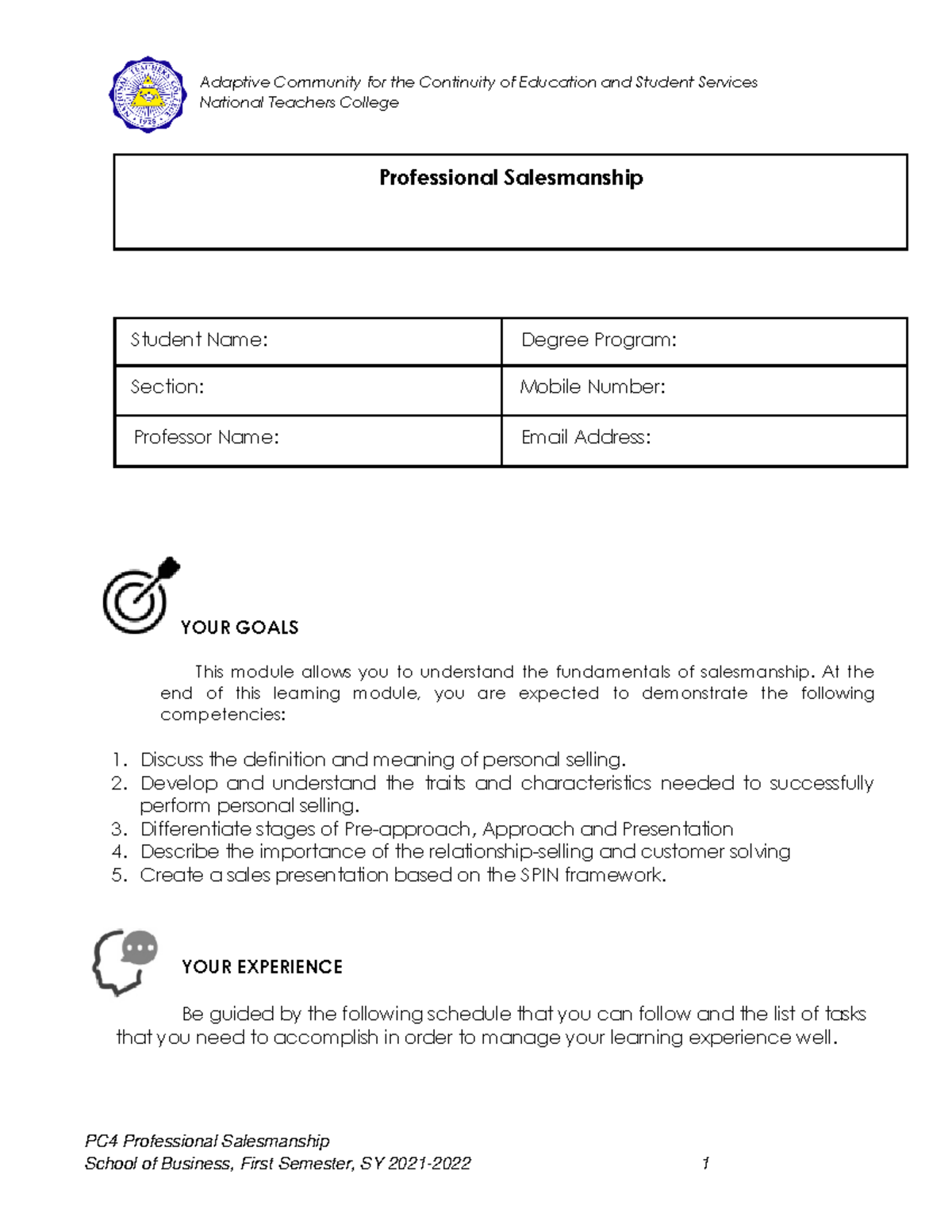 SOB Professional Salesmanship - National Teachers College PC4 ...