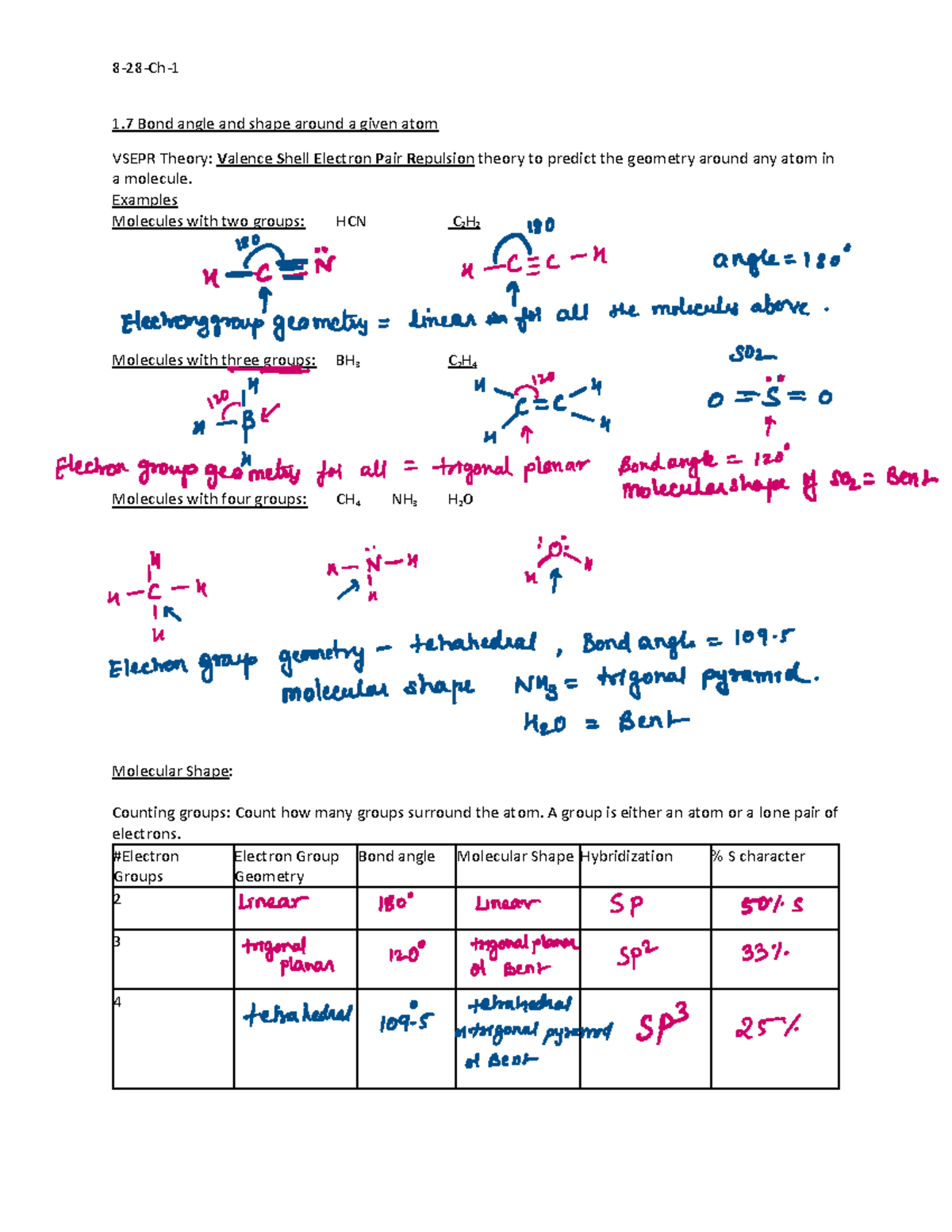9-4-notes - notes - 1 Bond angle and shape around a given atom VSEPR ...