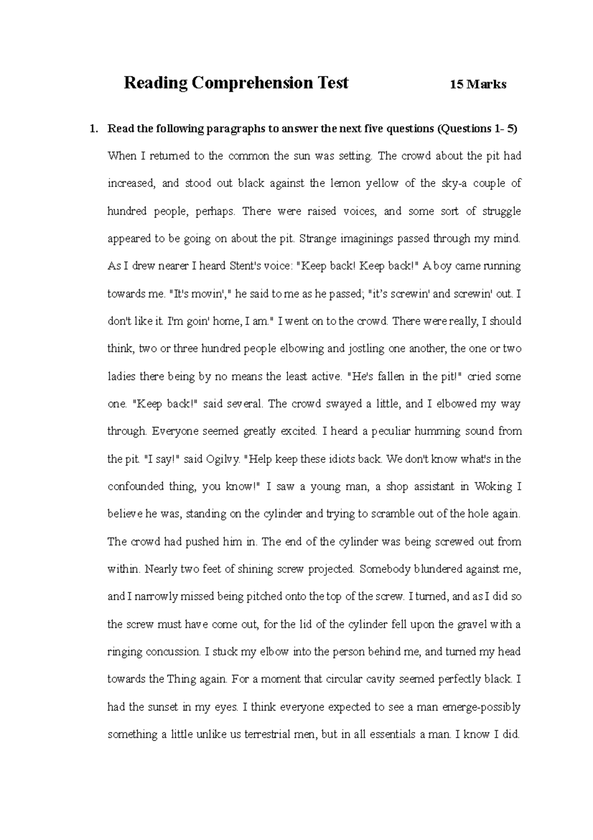 Reading Comprehension Test - Read the following paragraphs to answer ...