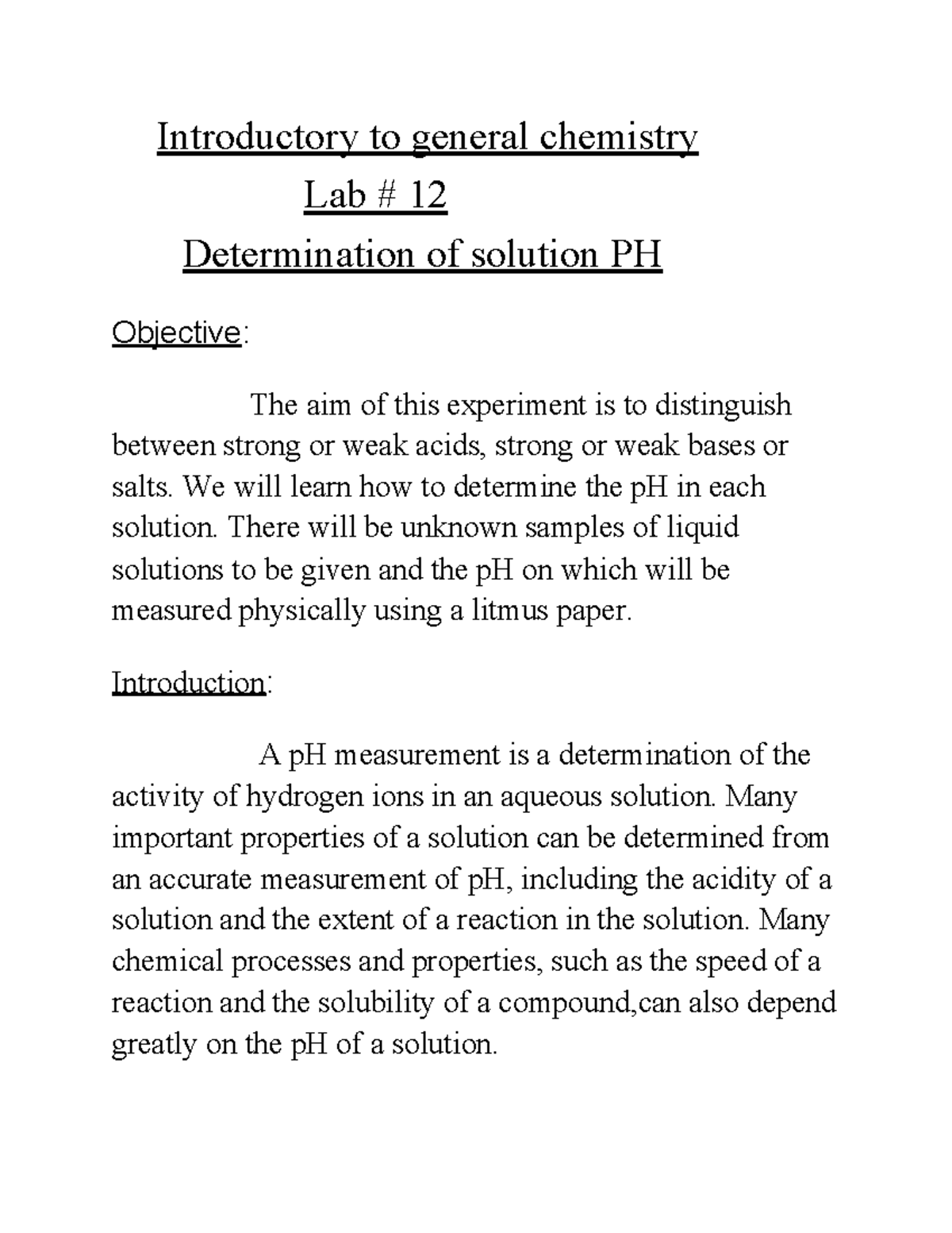 Lab 12 - Lab report #12 - Introductory to general chemistry Lab # 12 ...