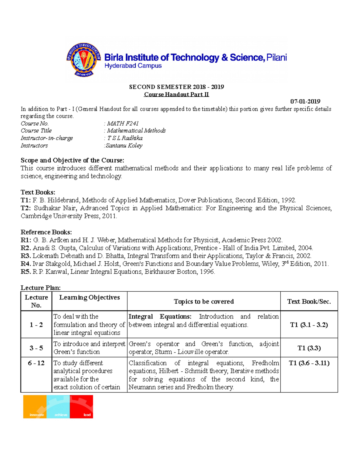 MATH F241 - Course handout - SECOND SEMESTER 2018 - 2019 Course Handout Part II 07-01- In ...