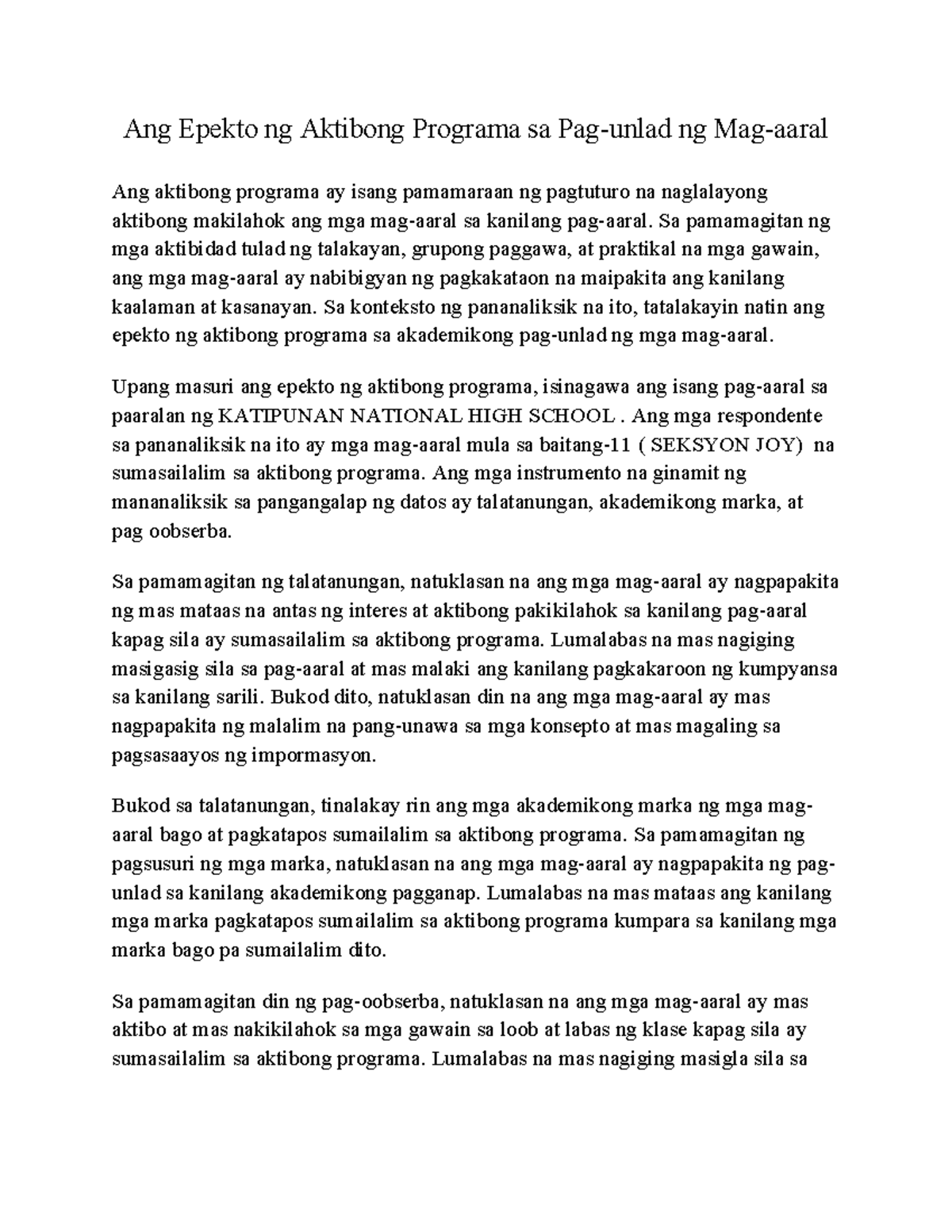 Ang Epekto ng Aktibong Programa sa Pag-unlad ng Mag-aaral - Sa pamamagitan ng mga aktibidad ...