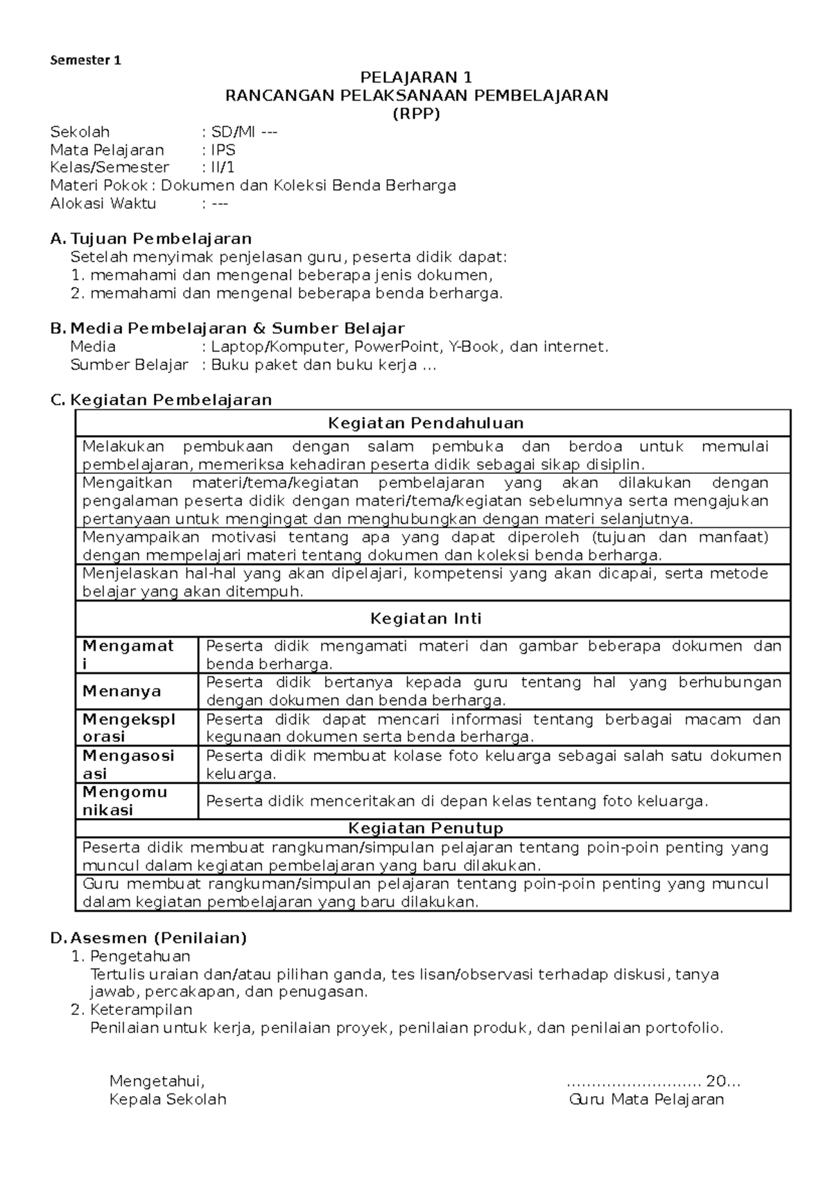 RPP SD (IPS Kelas 2) - Semester 1 PELAJARAN 1 RANCANGAN PELAKSANAAN ...