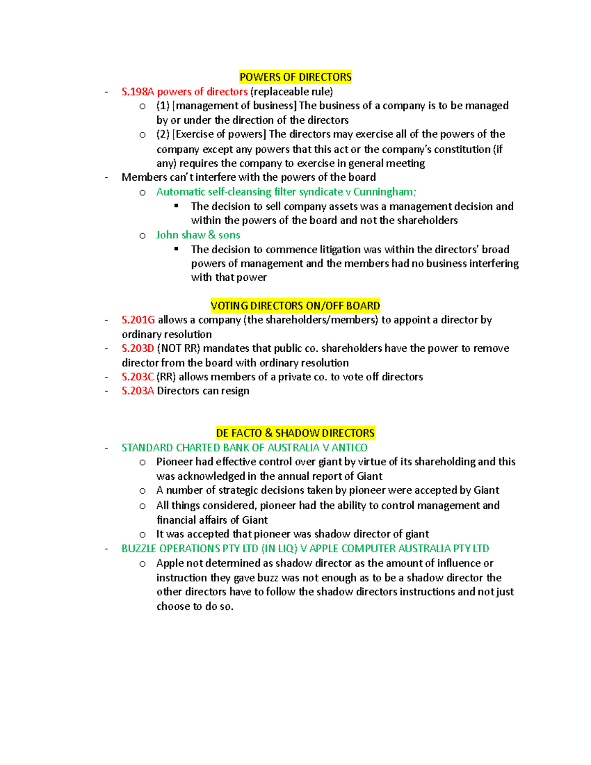 Corporate law cases and legislation with examples - BLAW20001 - Unimelb ...
