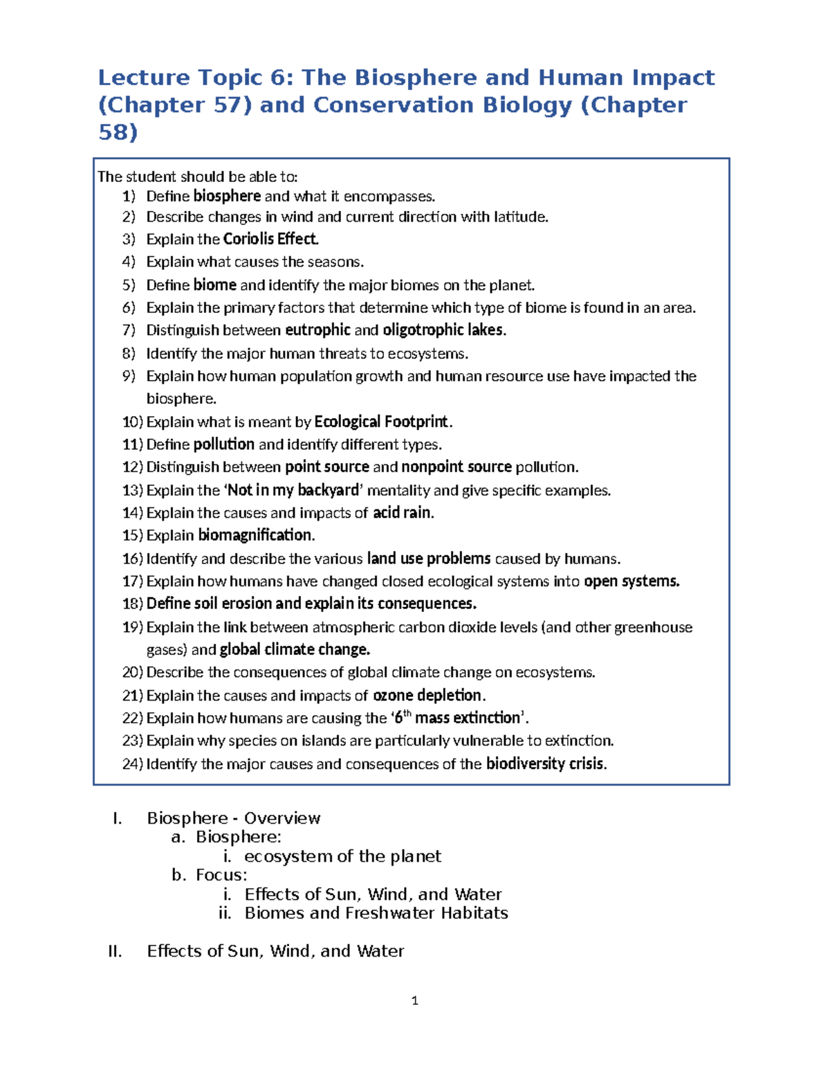 Lecture Topic 6-Biosphere Human Impact - Lecture Topic 6: The Biosphere ...