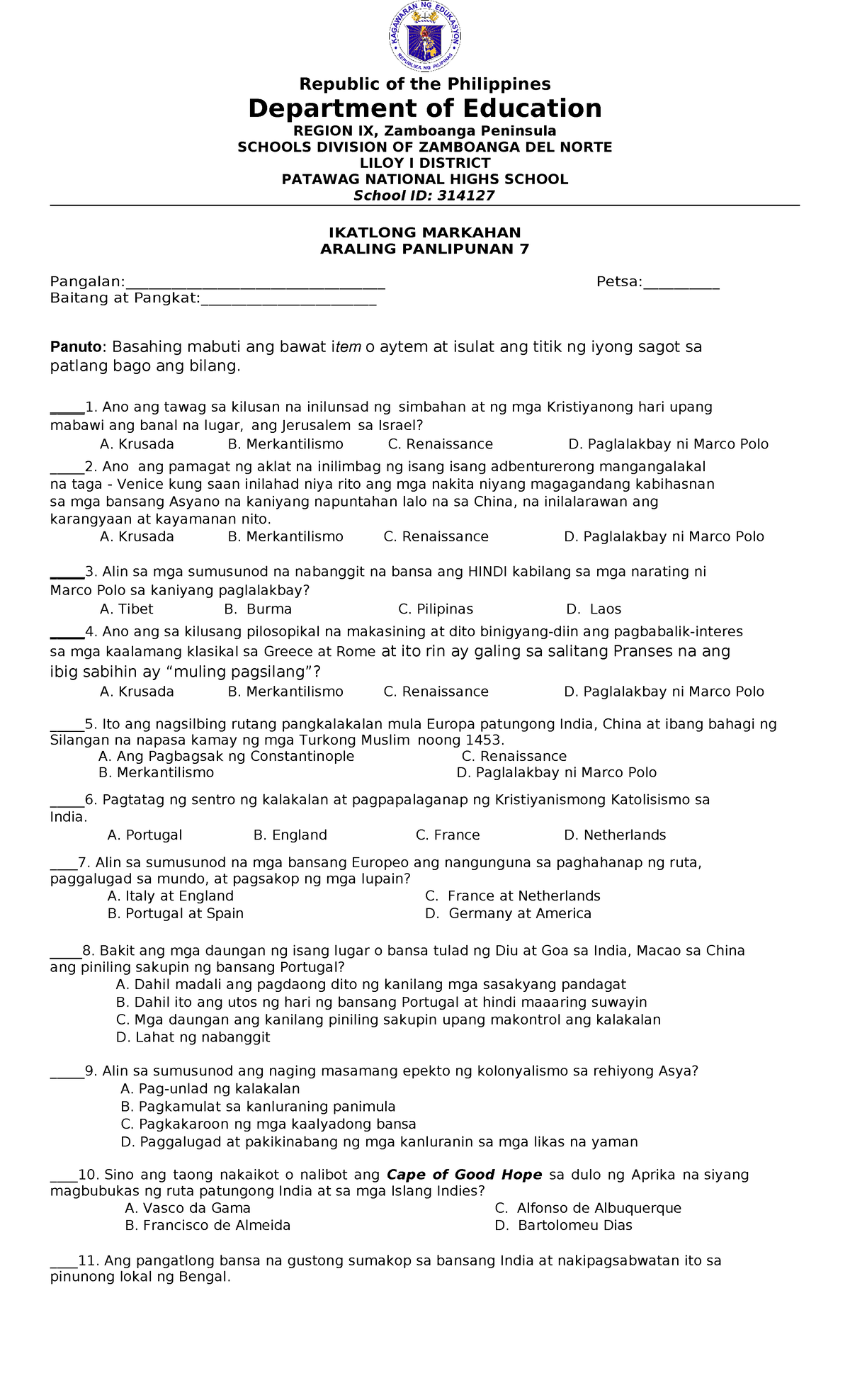 Arpan 7 - 3RD Quarter EXAM - Department of Education REGION IX ...