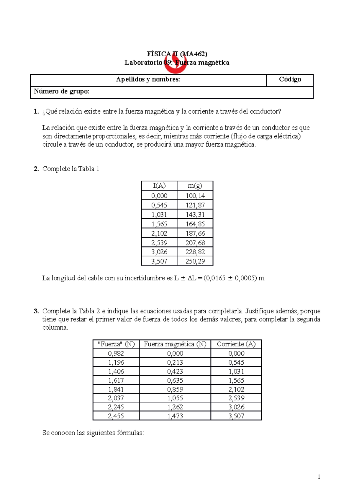 LAB 9 - aeaeaea eadaed aeda aed - FÍSICA II (MA462) Laboratorio 09 ...