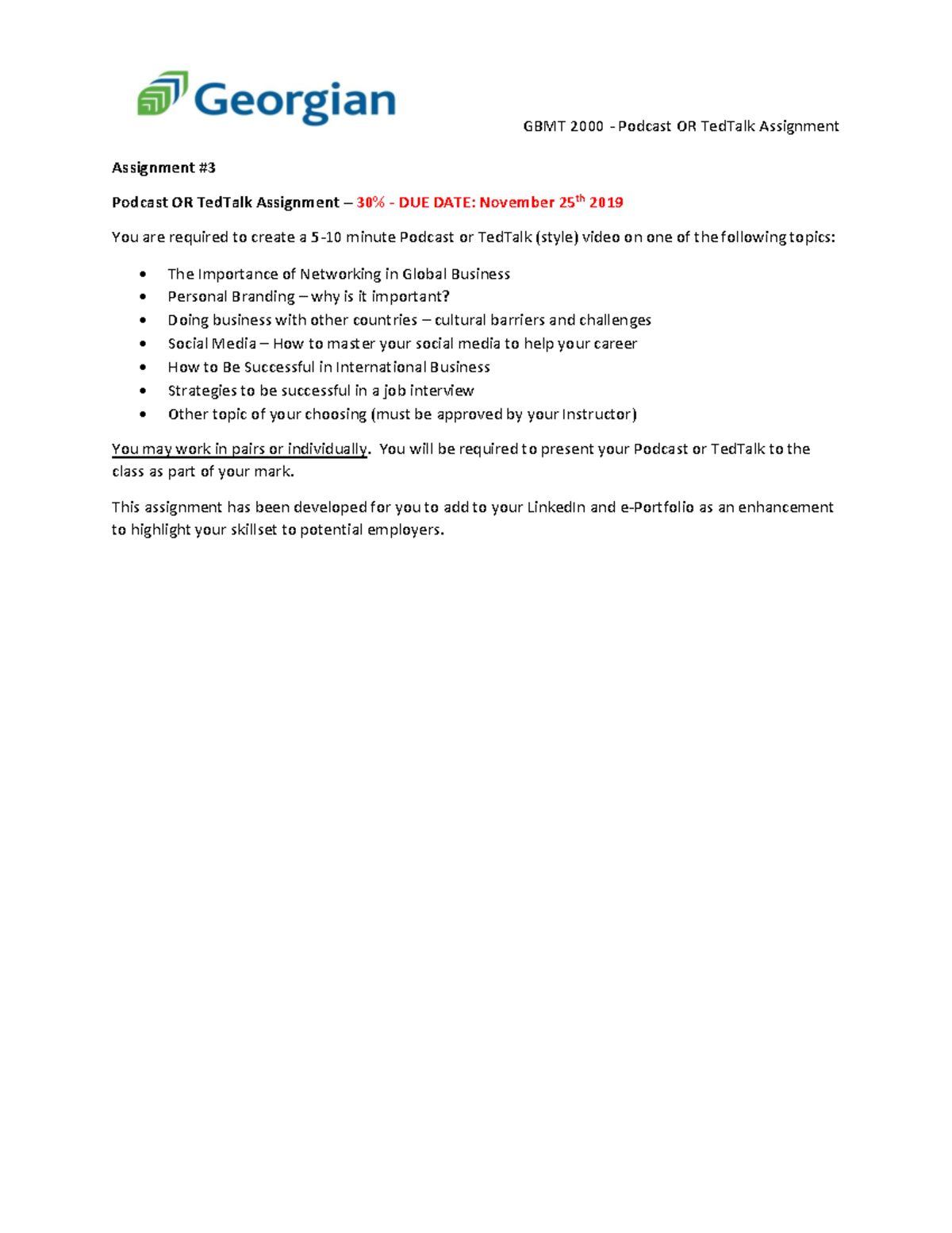 Podcast Ted Talk Assignment - GBMT 2000 - Podcast OR TedTalk Assignment ...